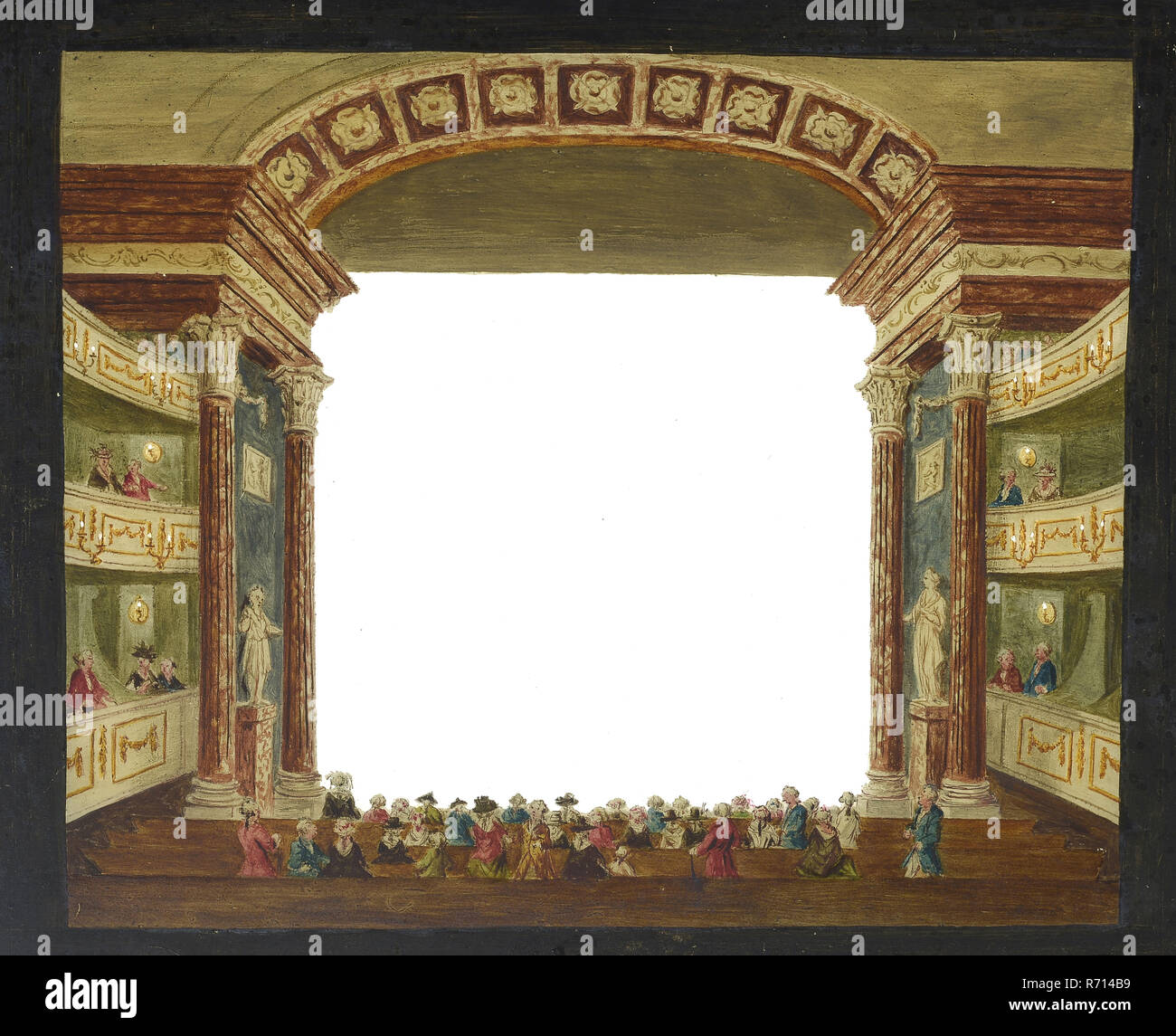 Painted glass plate for perspective box, theater with audience, glass ...