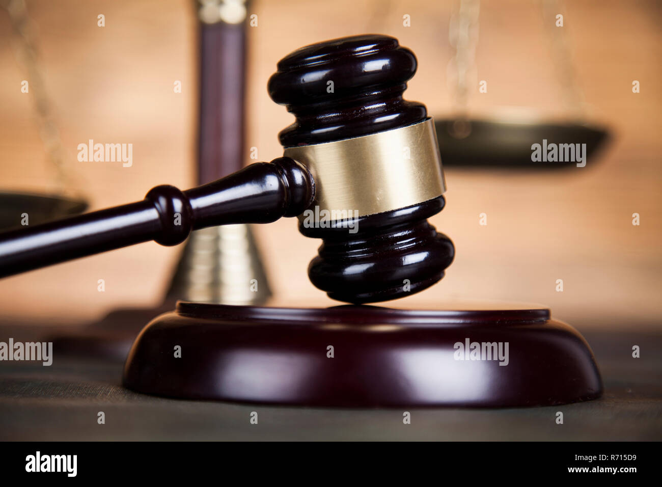 Law theme, mallet of the judge, wooden desk background Stock Photo - Alamy