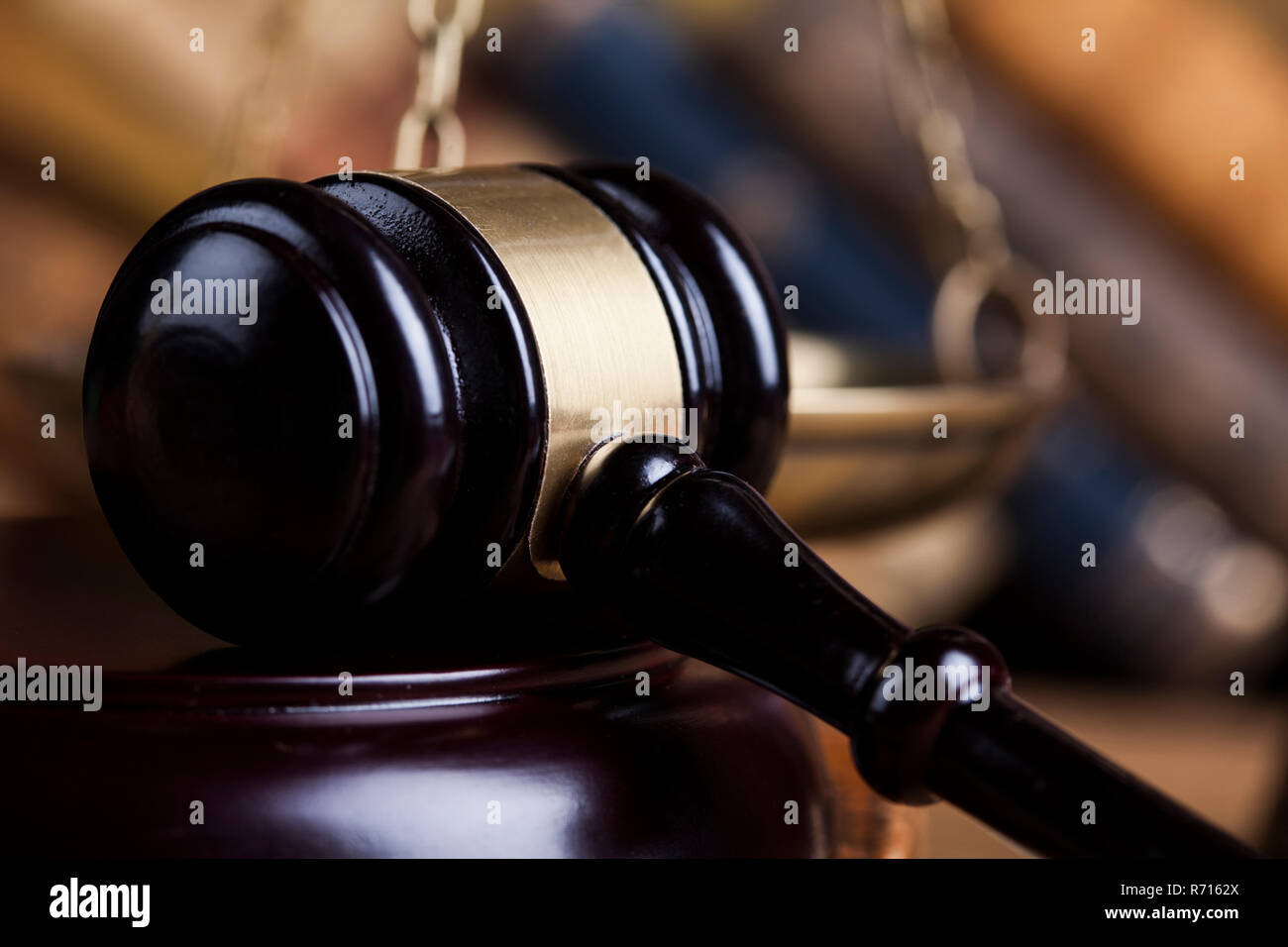 Law theme, mallet of the judge, wooden desk background Stock Photo - Alamy