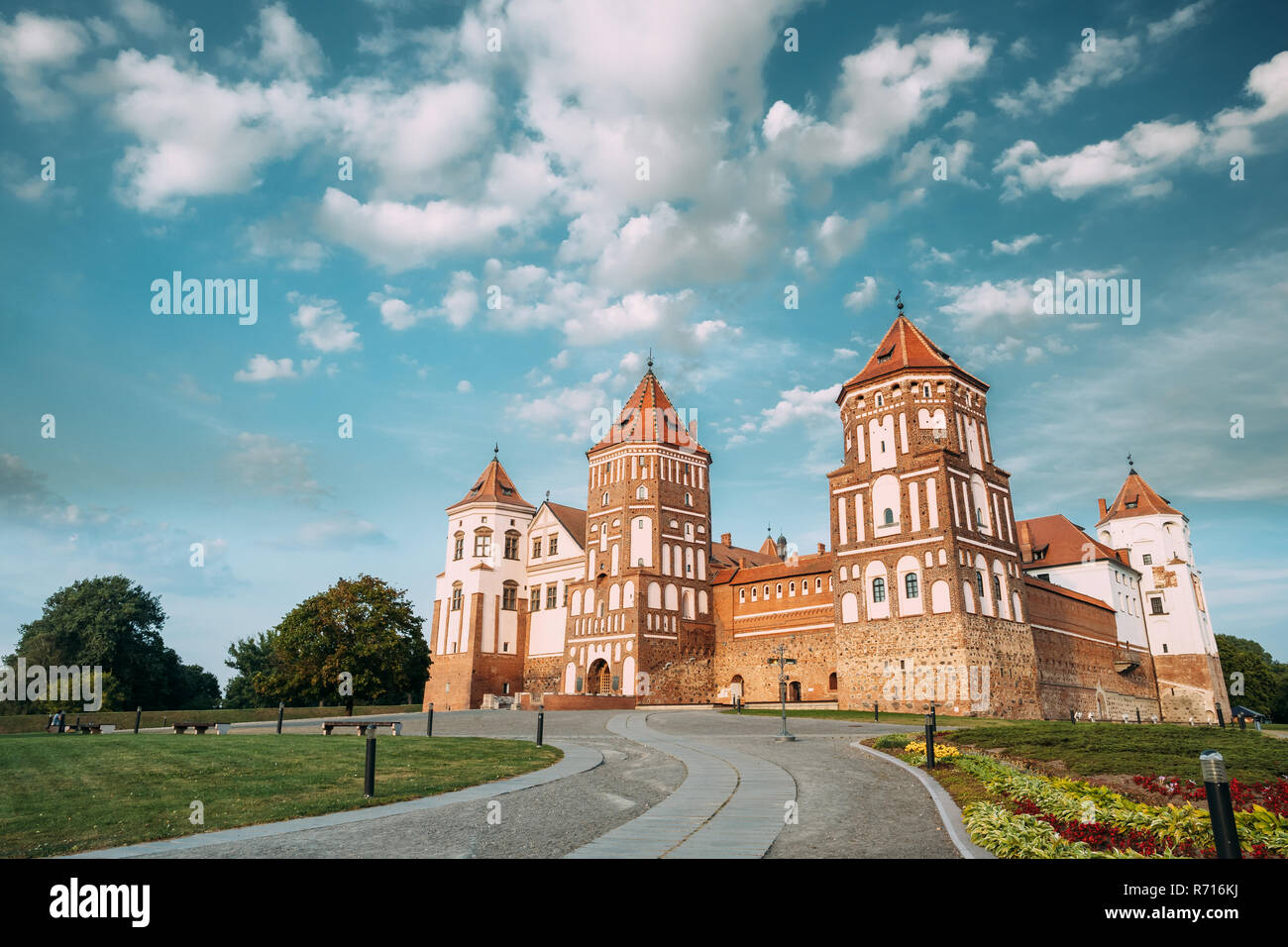 Mir, Belarus. Walkway To Castle Complex In Sunny Summer Day ...