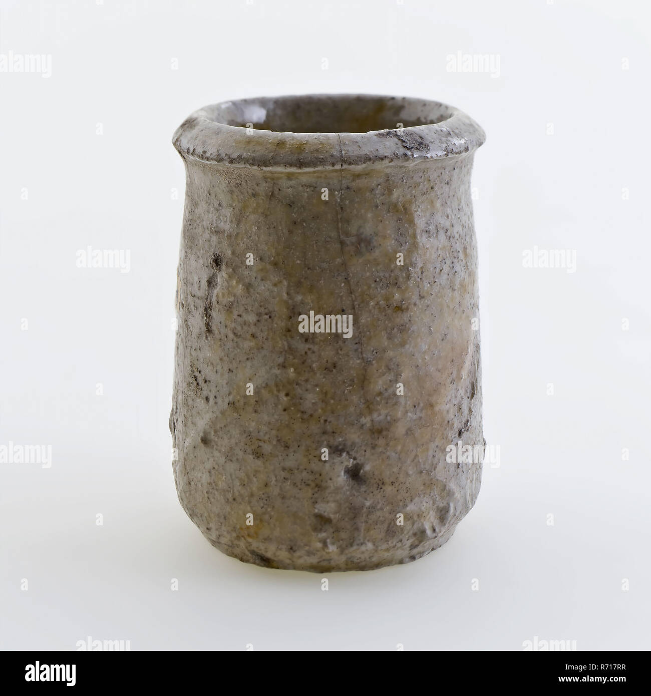 Stoneware ointment jar, white shard, completely glazed in gray ...