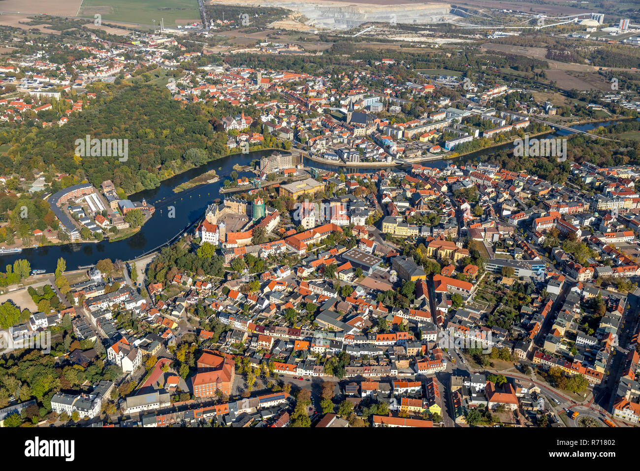 Aerial view, city view with castle, Bernburg, Saxony-Anhalt, Germany ...