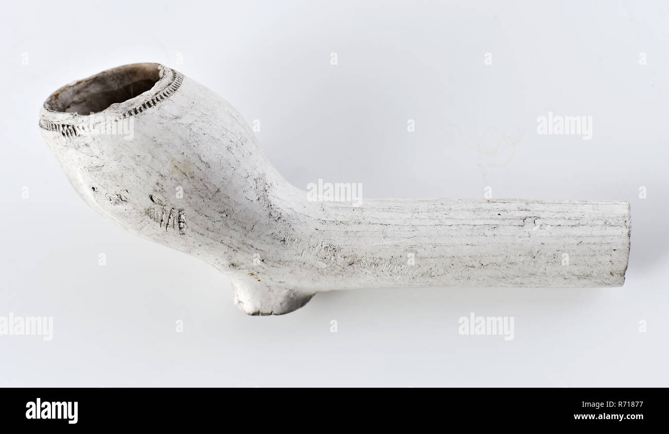 White clay pipe, marked, smooth handle, clay pipe smoking equipment ...