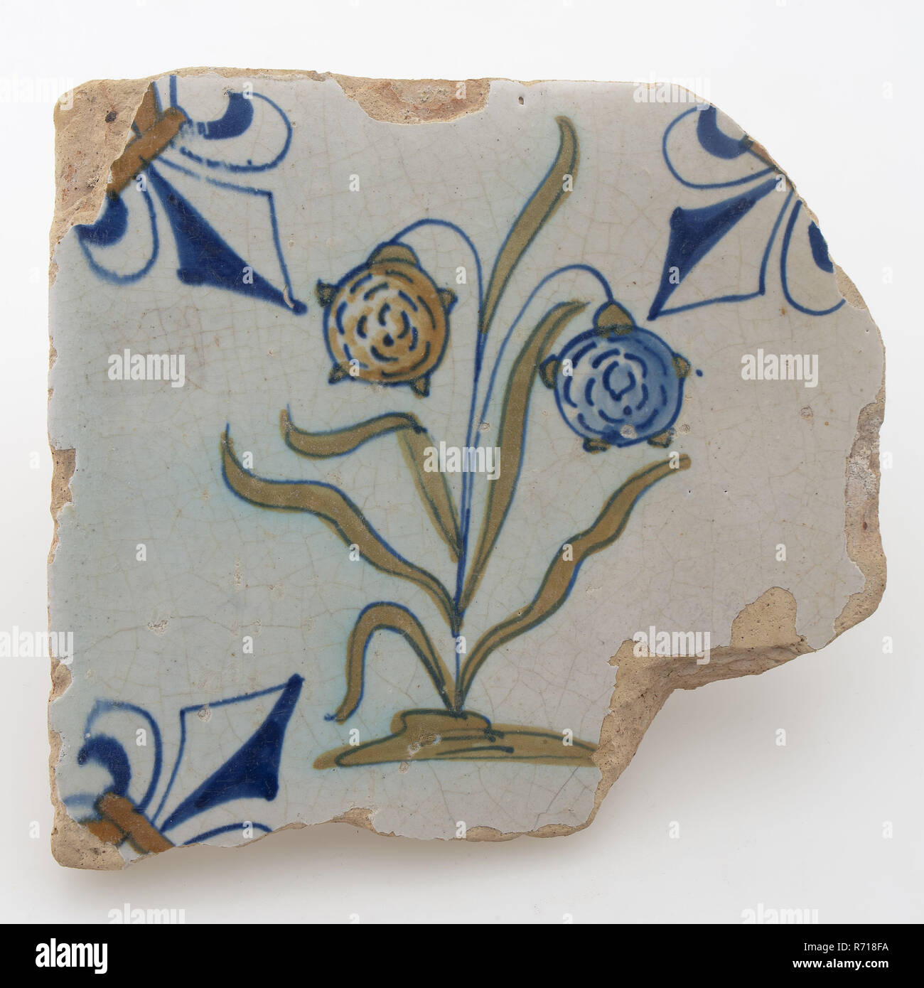 Tile, flower tile with two flowers on plant, fleur de lis as corner ...