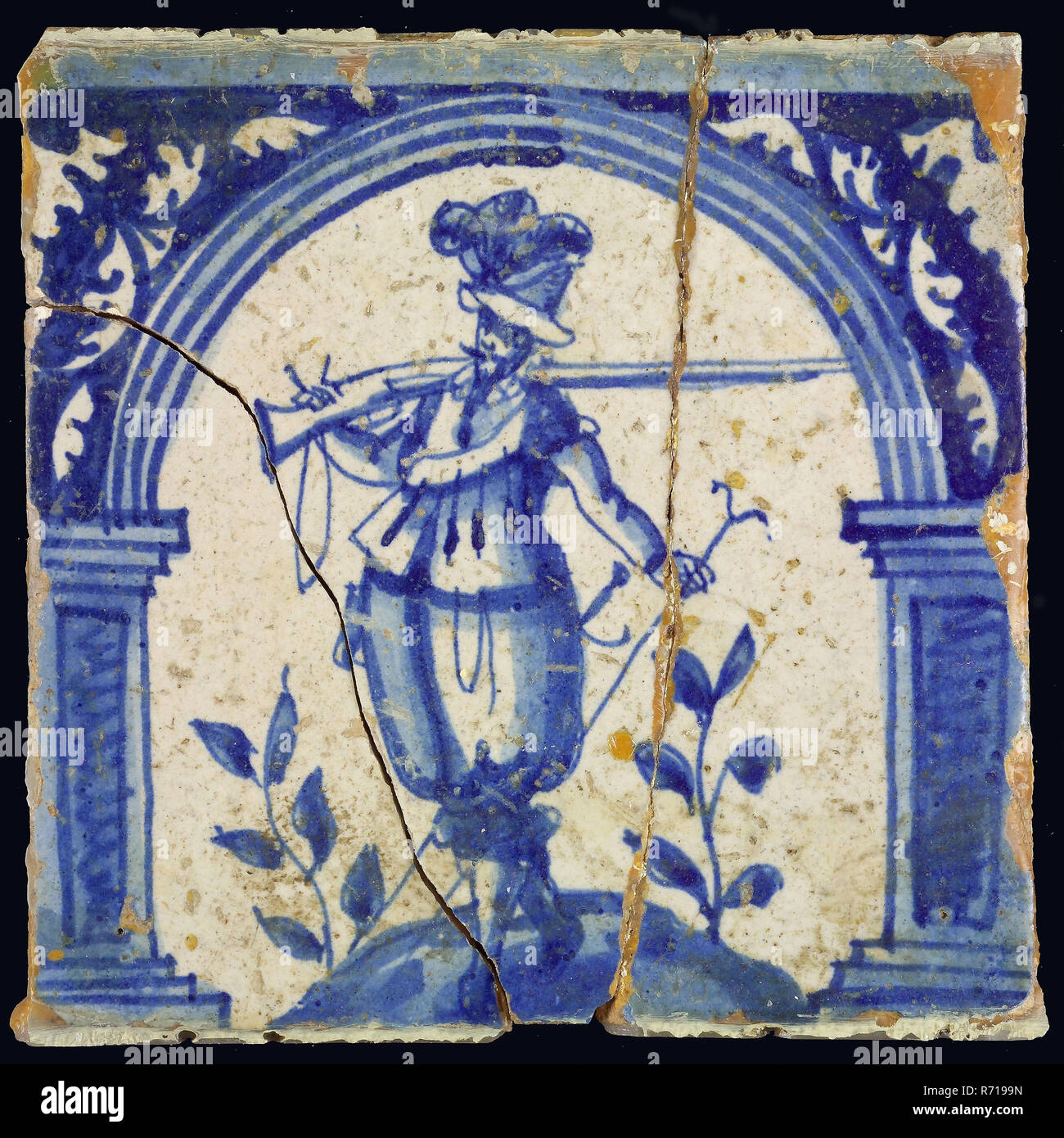 Figure tile, in blue on white, warrior with rifle, wall tile tile ...