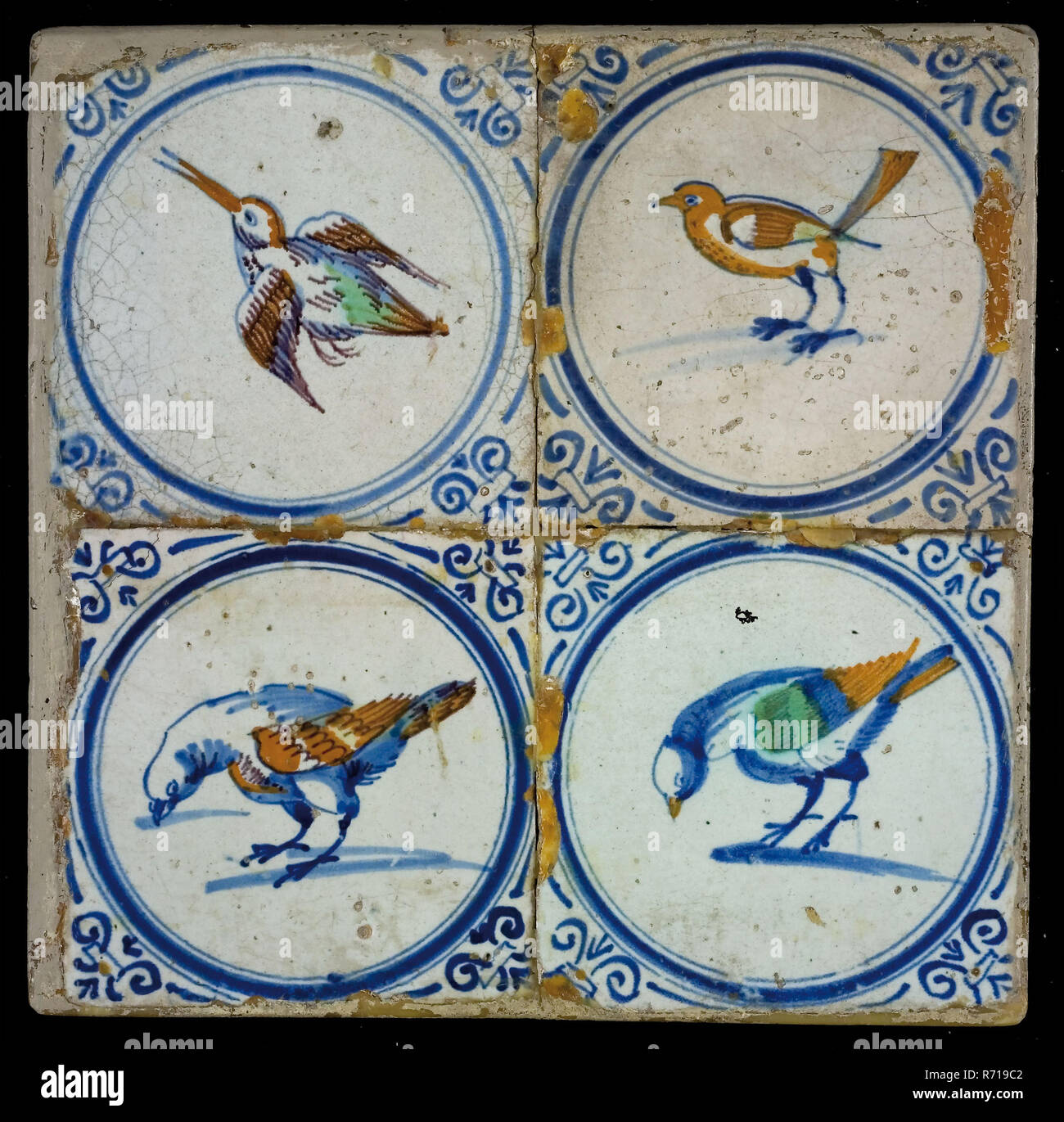 Tile field, four tiles, animal decor, orange, blue and green on white ...