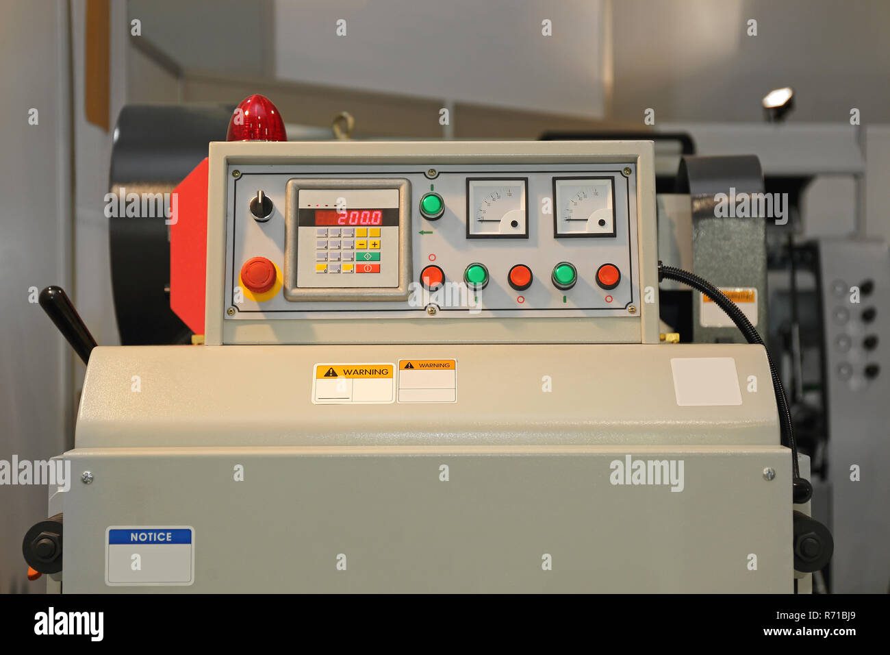 Control panel machine gauges and emergency stop switch hi-res stock ...