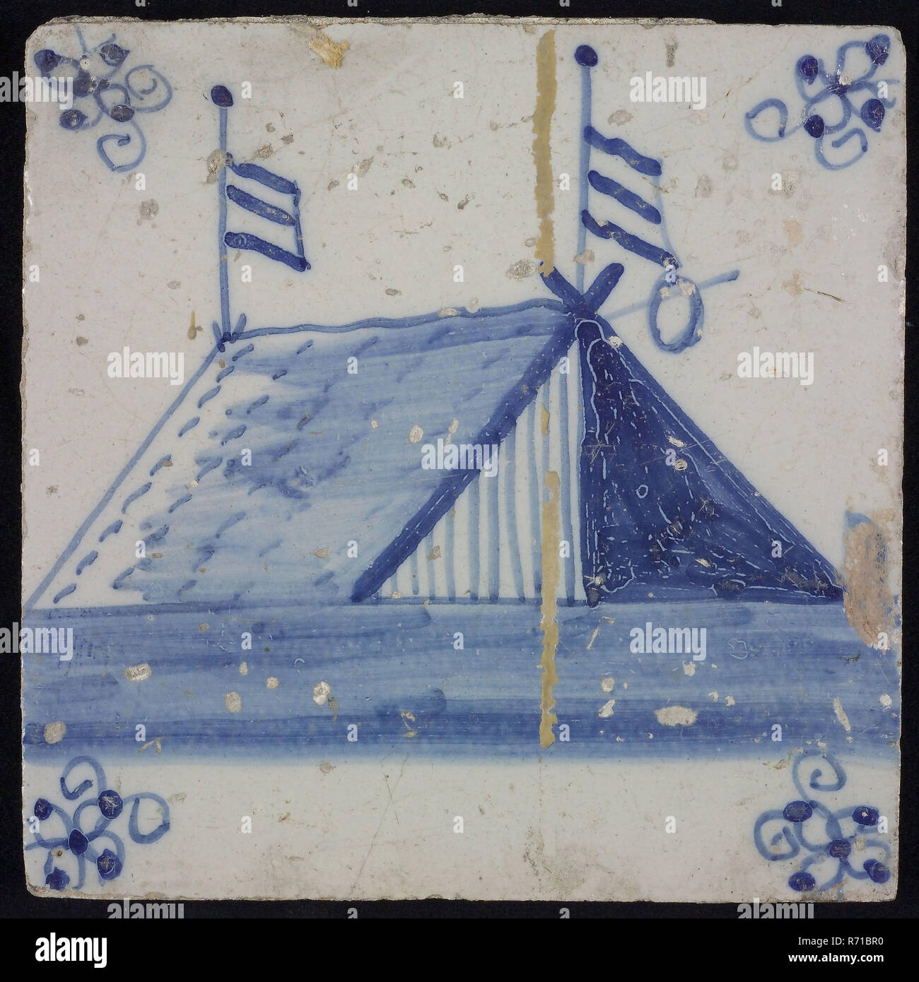 Scene tile, blue with tent with two flags, corner pattern spider, wall ...