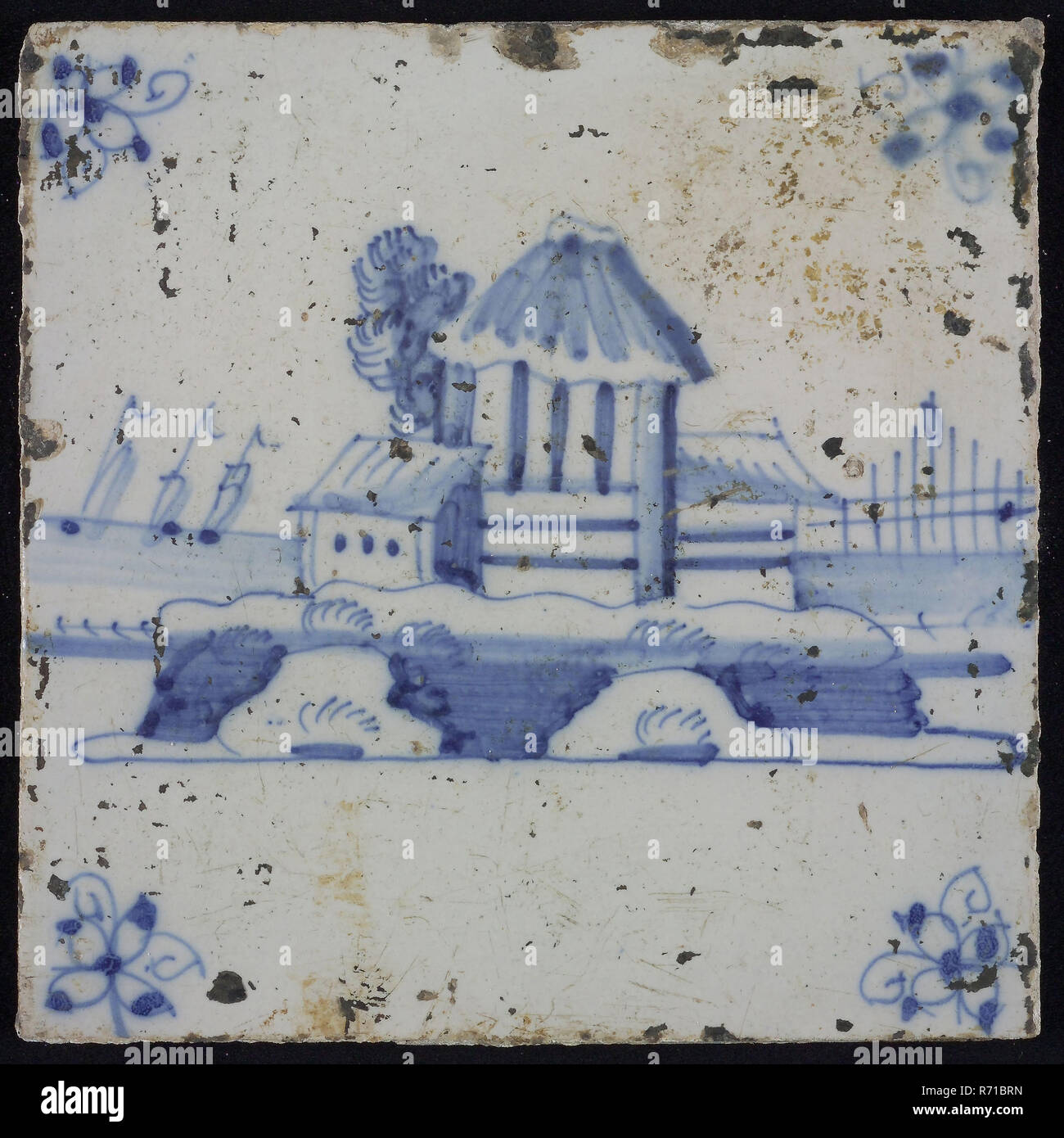 Scene tile, blue with landscape with high building, corner motif spider ...