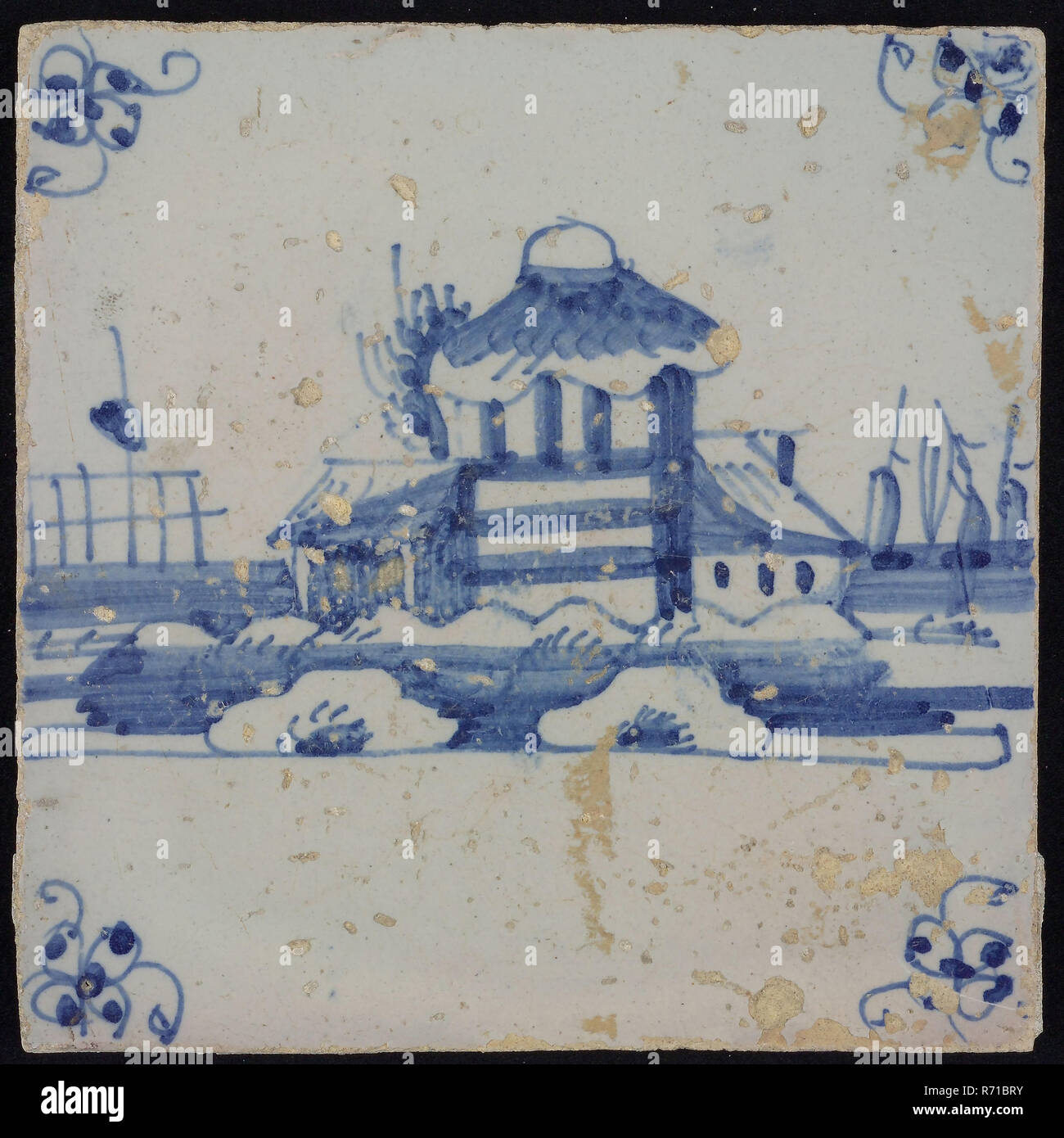 Scene tile, blue with landscape with hay barn ?, corner pattern spider ...