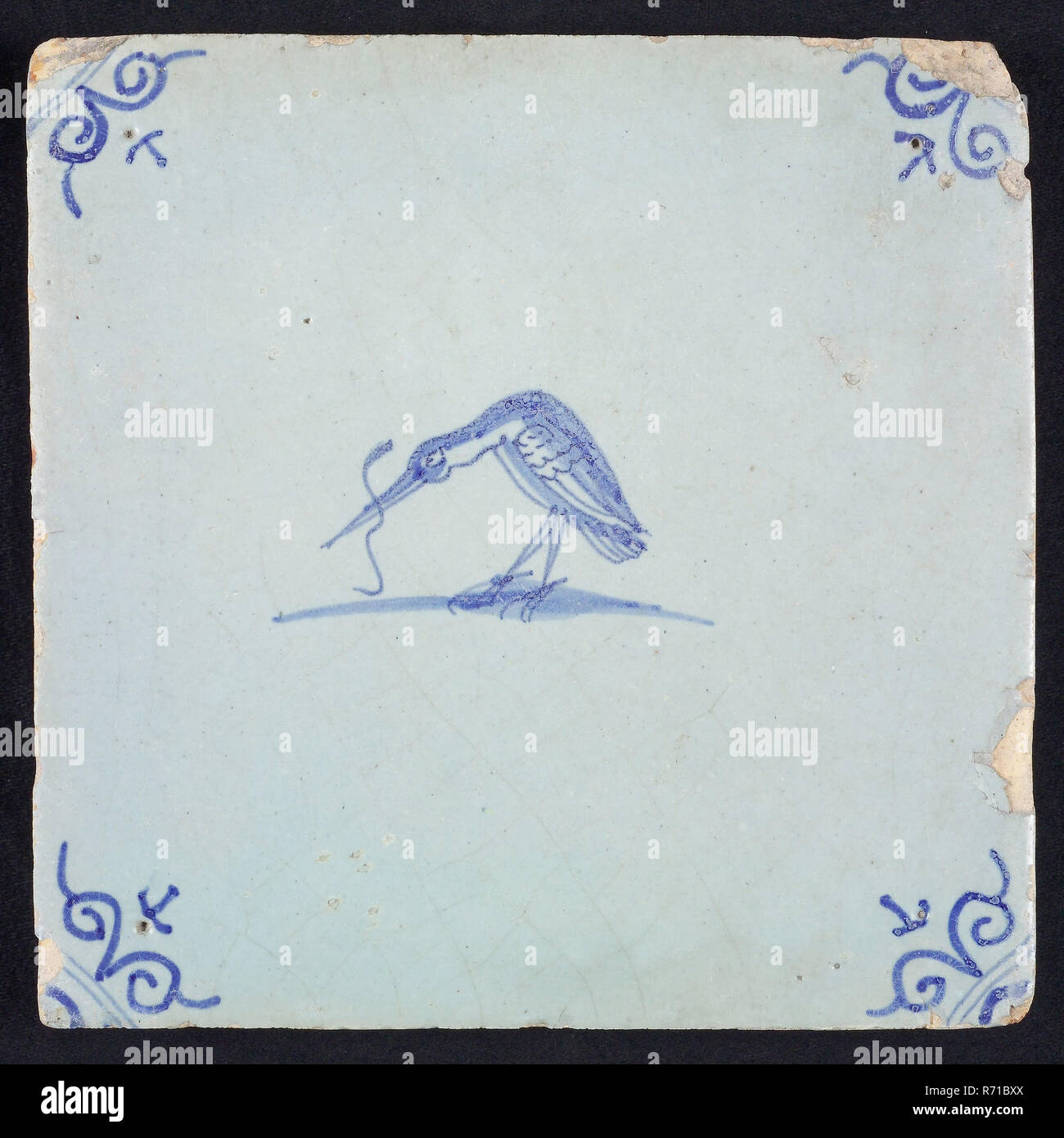 Animal tile, bird with long fish in its beak to the left, blue on white ...