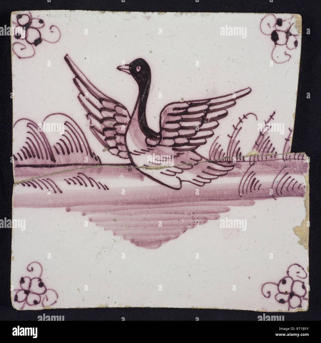 Animal tile, flying swan to the left in running water, in the ...