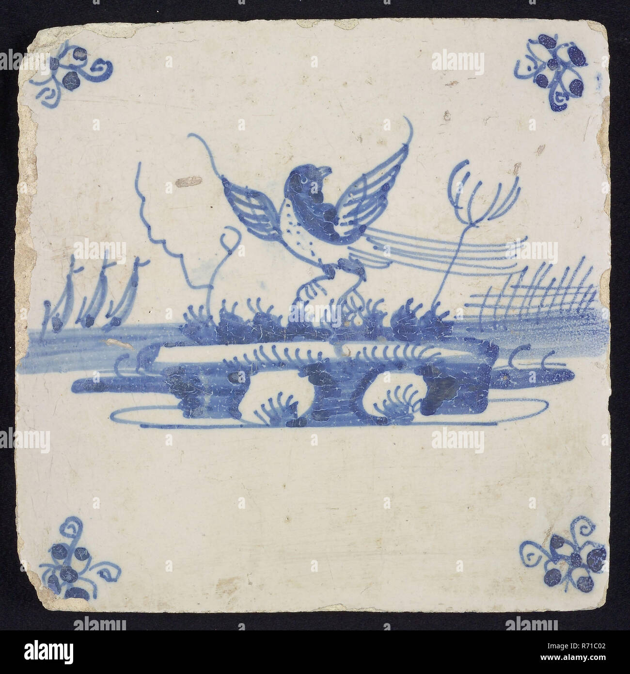 Animal tile, flying bird to the left above running water, in the ...