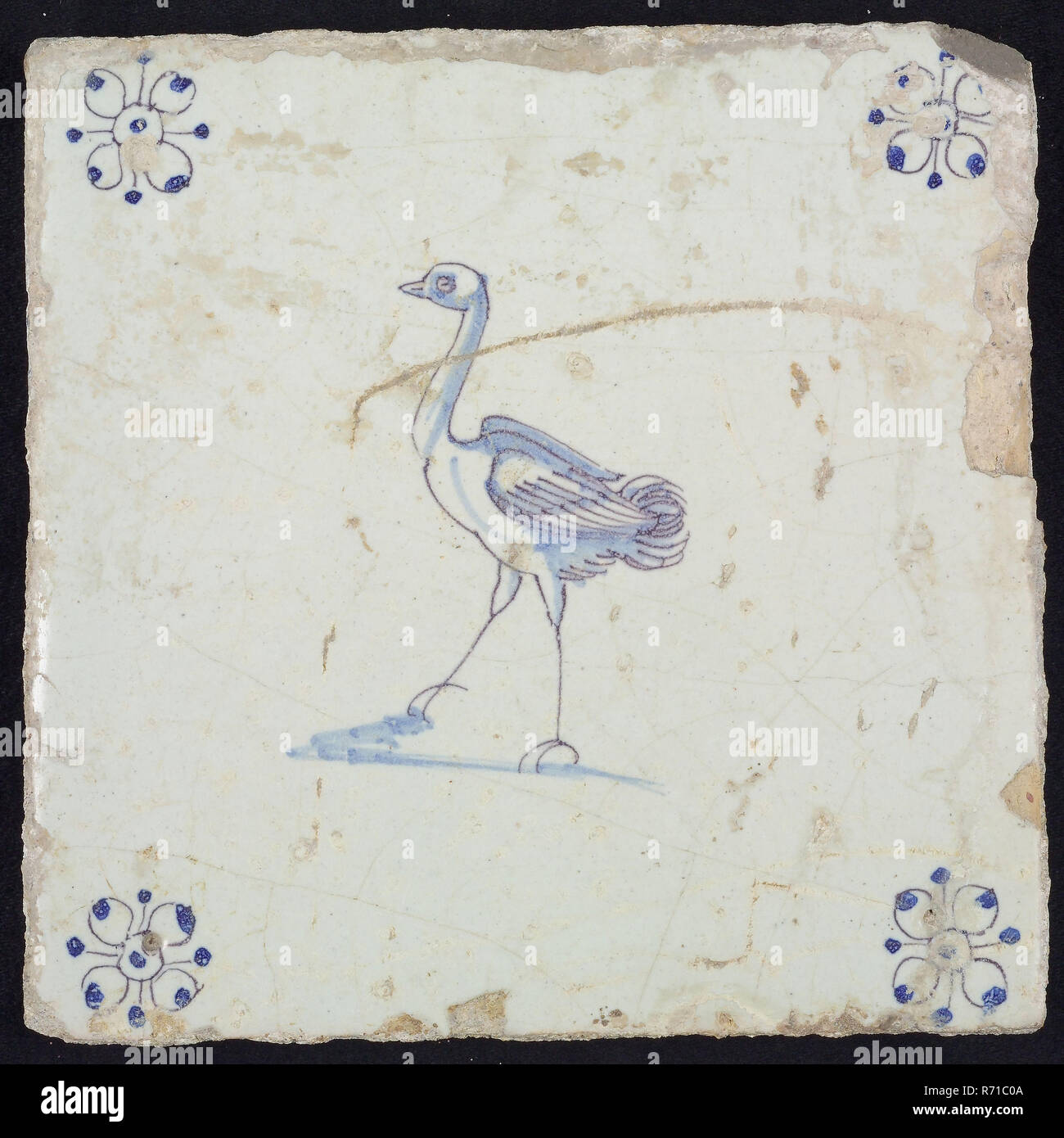 Animal tile, ostrich with left, in purple and blue on white, corner ...