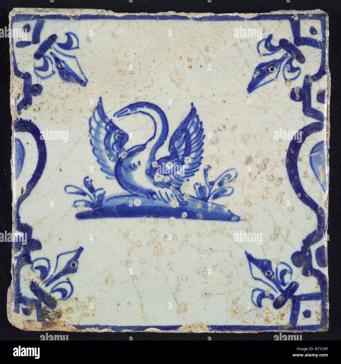 Animal tile, flying swan on plot to the left between balusters in blue ...