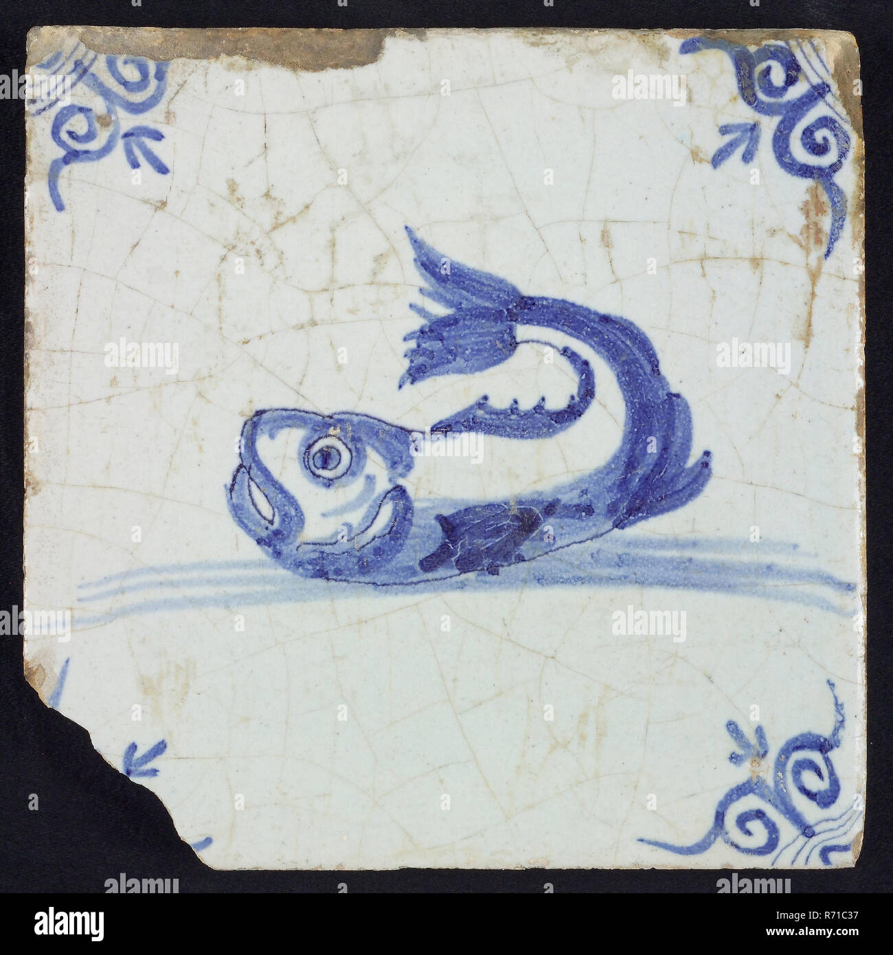 Animal tile, unknown fish in water to the left with open beak and ...
