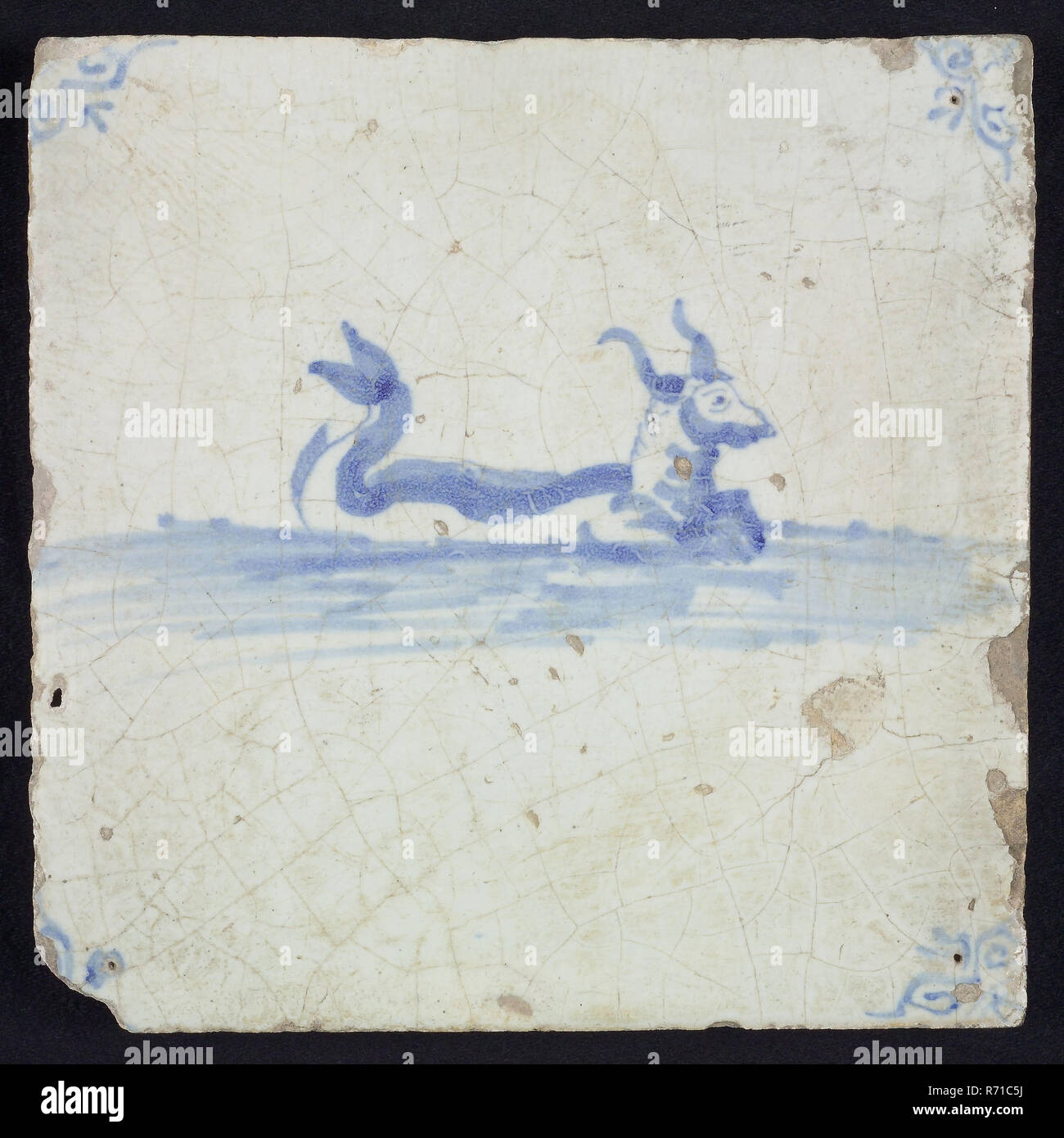 Sea creature tile, bovine with horns and curled fish tail in running ...