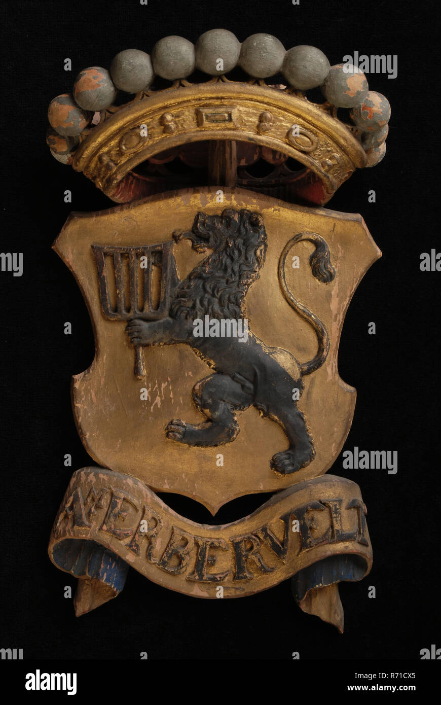 Carved wooden crowned coat of arms including the name Am. Erbervelt ...