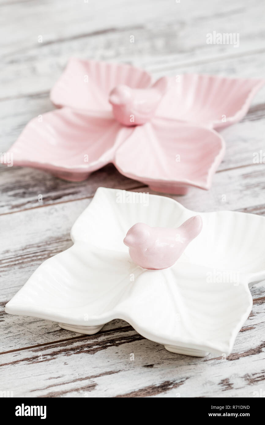 Empty Ceramic Snack Plates with Bird Design on White Background Stock ...