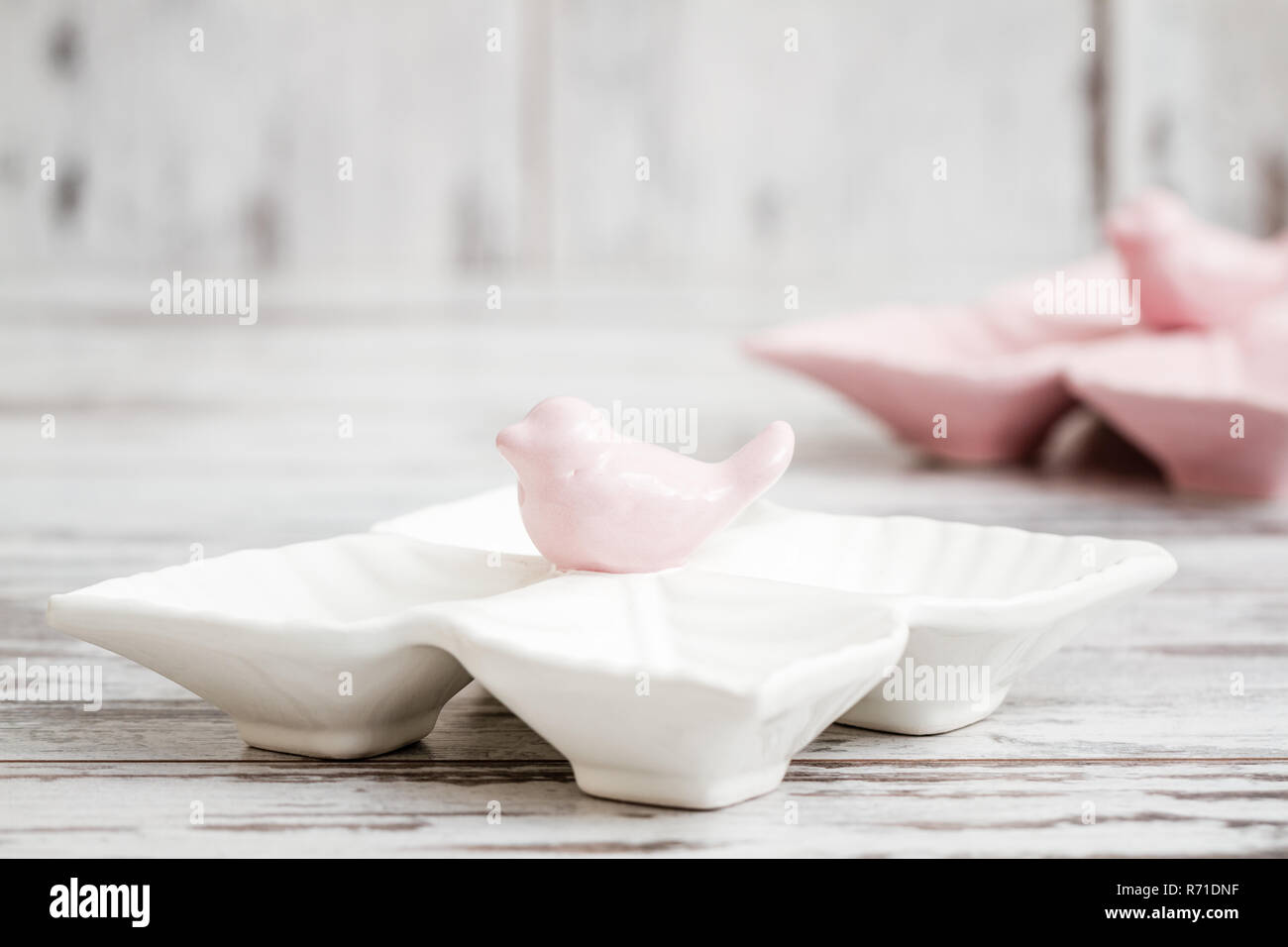 Empty Ceramic Snack Plates with Bird Design on White Background Stock ...