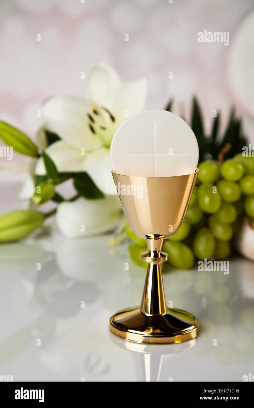 Eucharist symbol of bread and wine, chalice and host, First communion ...