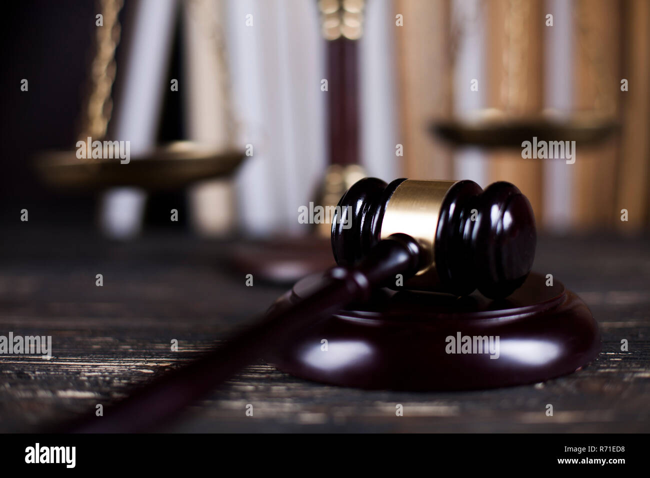 Law theme, mallet of the judge, wooden desk background Stock Photo - Alamy