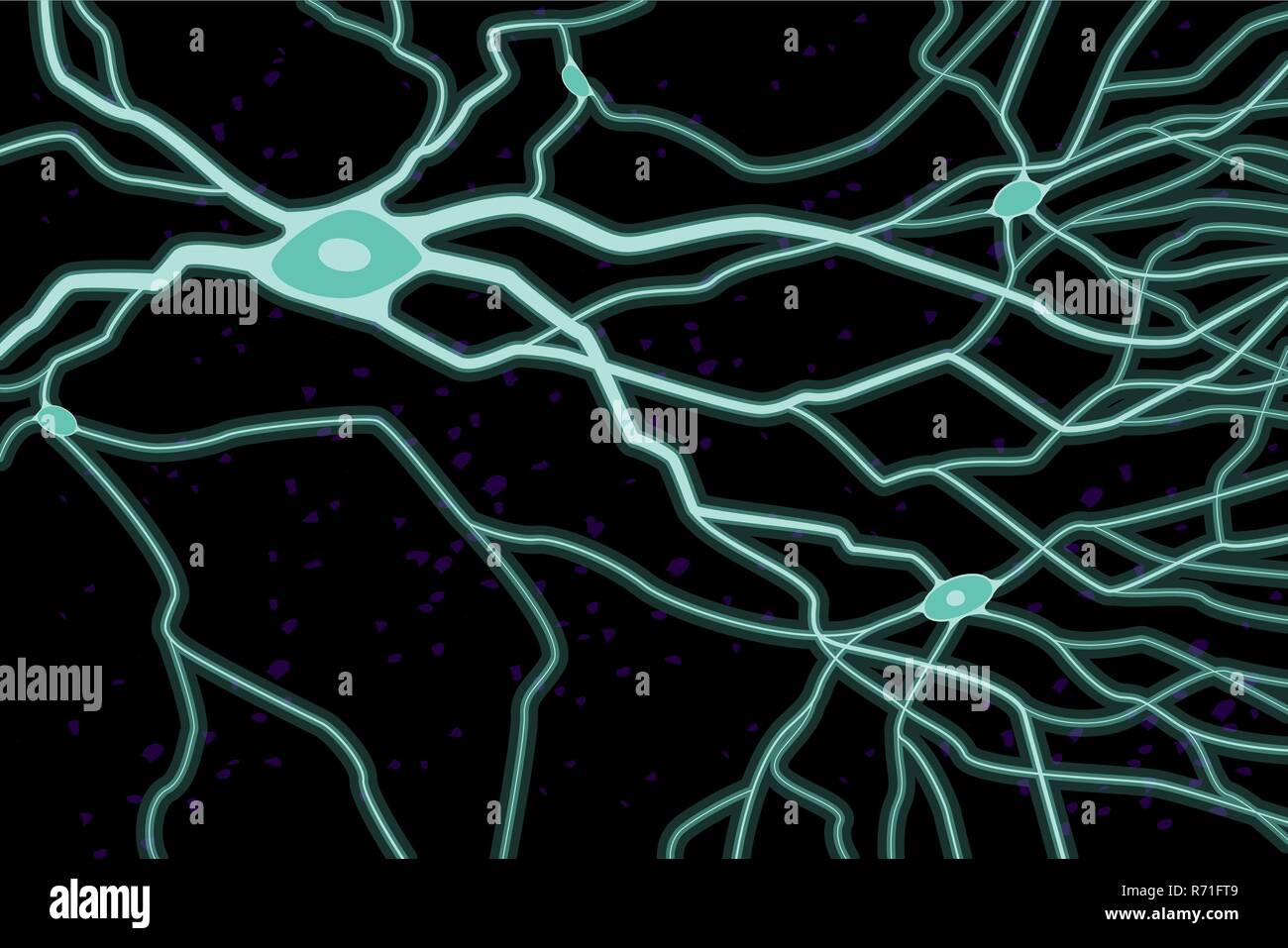 Nerve celles with axons, vector illustration, light blue on black ...
