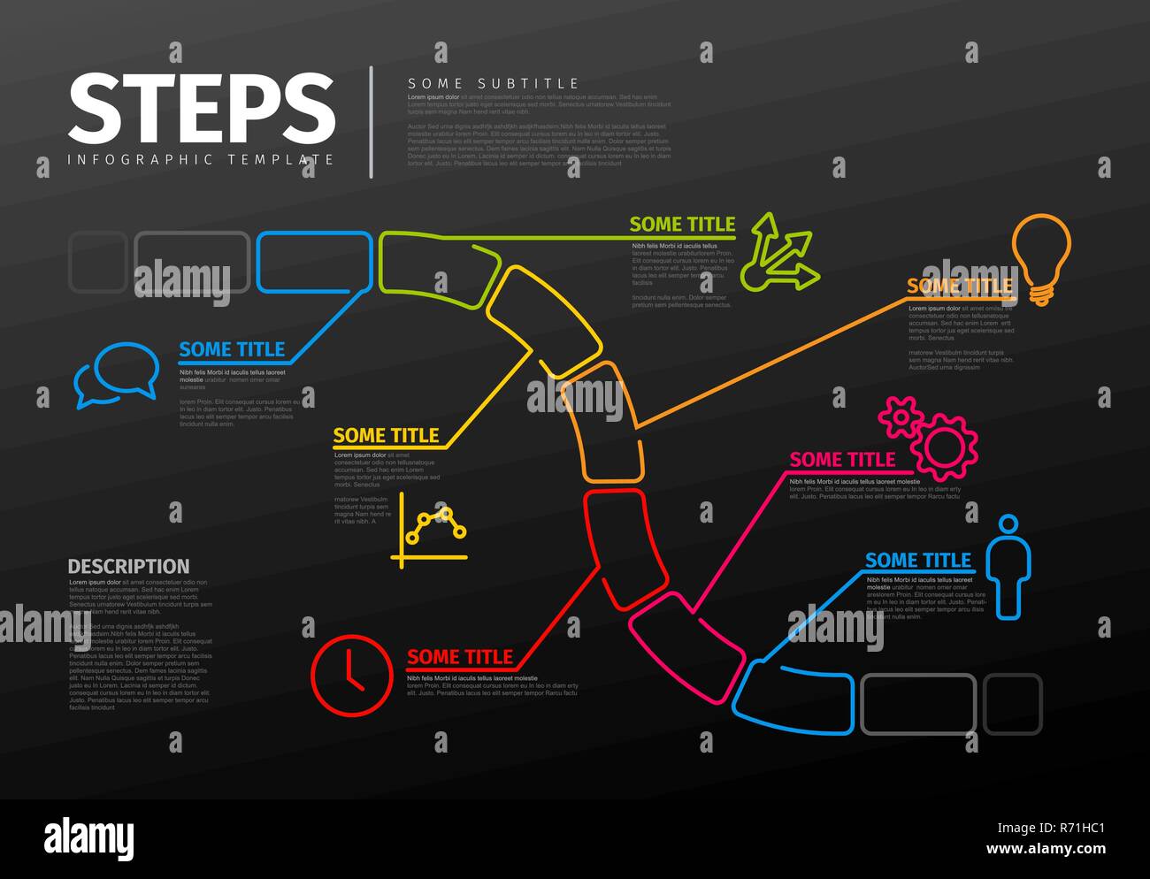 Thin line infographics template with steps / progress / timeline - dark ...