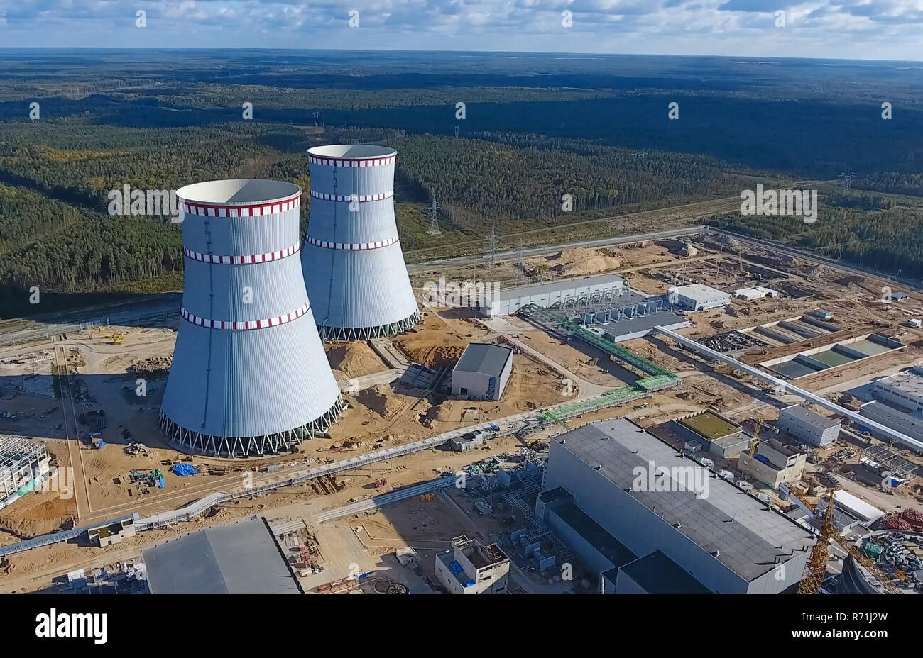 Aerial survey of a nuclear power plant under construction. Installation ...