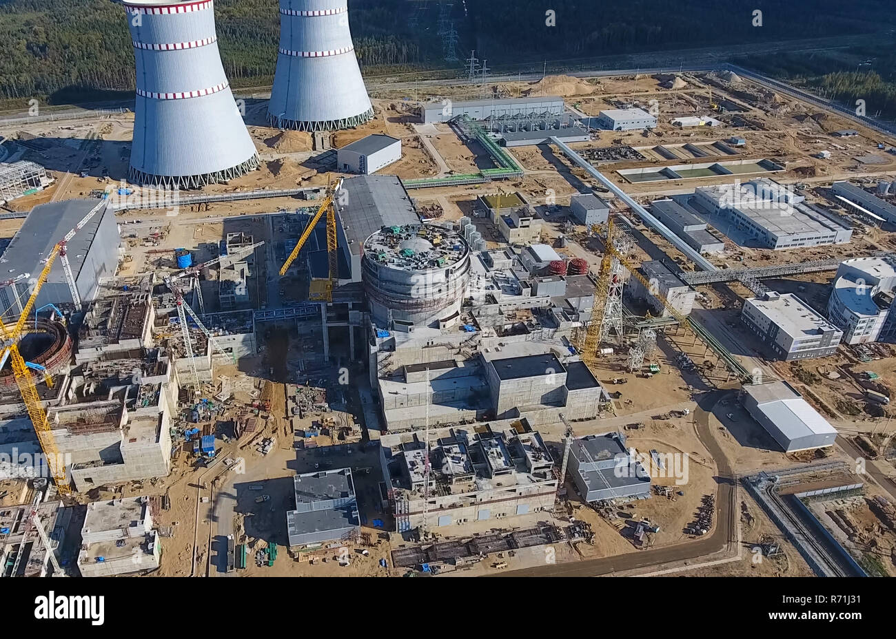 Aerial survey of a nuclear power plant under construction. Installation ...