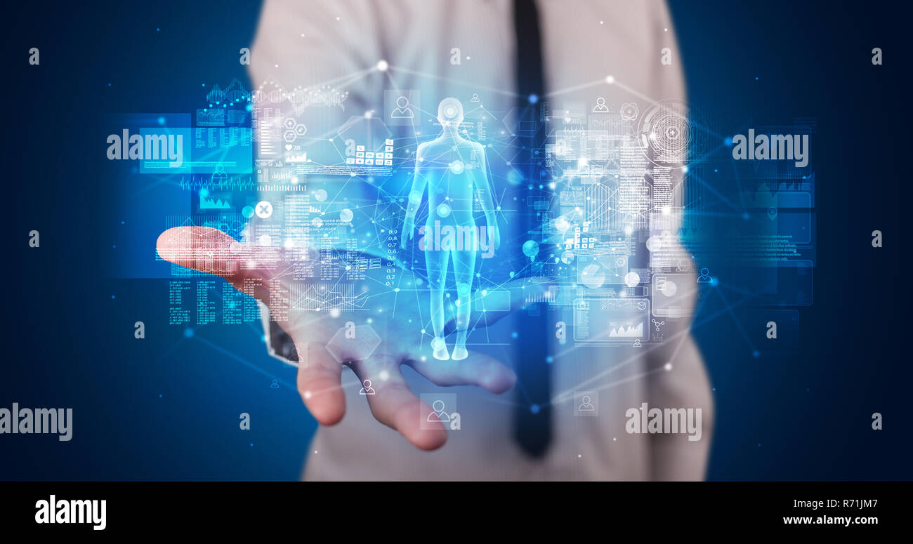 Young person holding hologram projection displaying health related ...