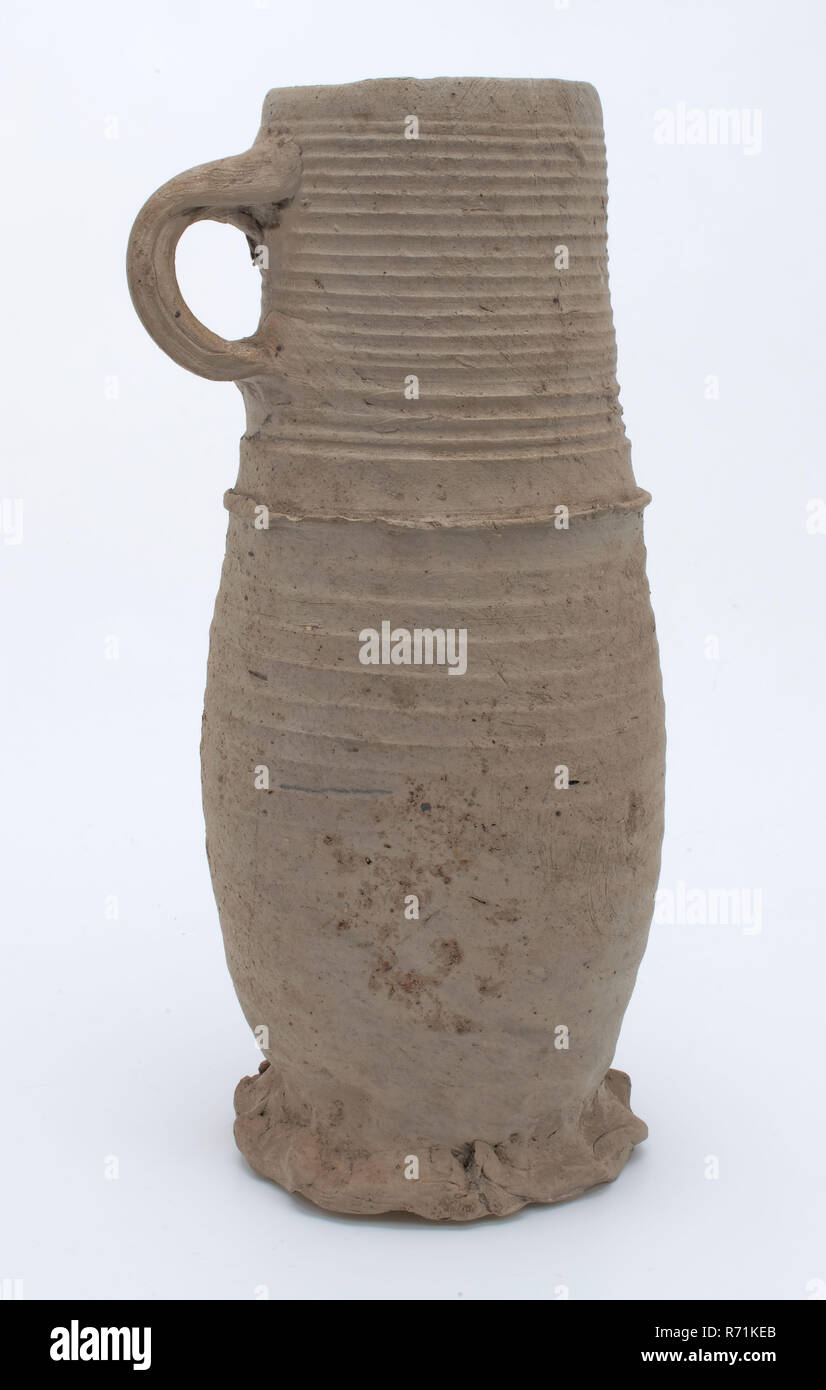 Stoneware jug pinched with slightly curved body and cylindrical neck ...