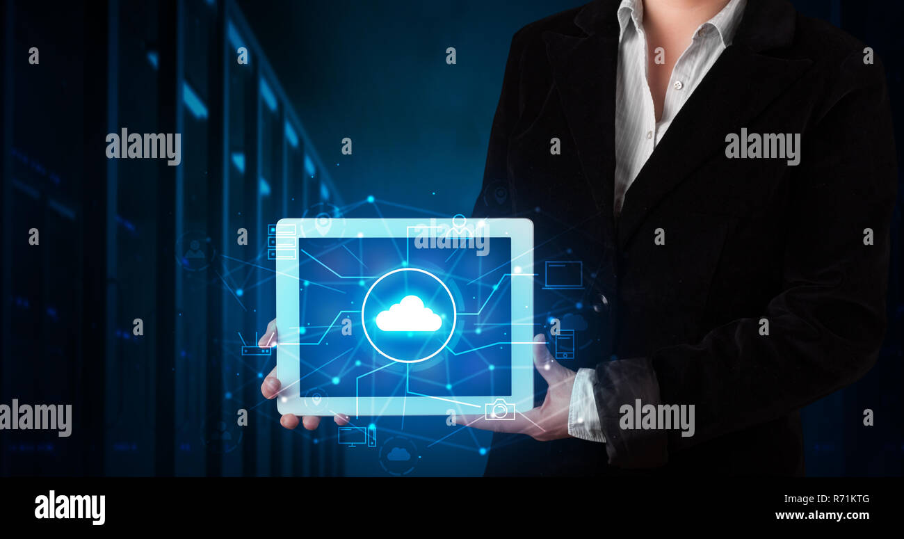 Formal hand in server room with virtual workspace concept Stock Photo ...
