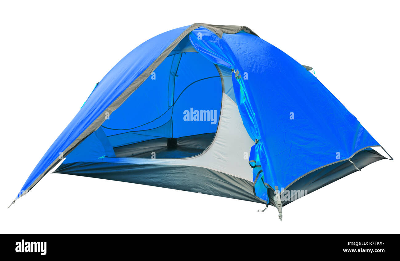 Blue open tourist tent isolated on white background Stock Photo - Alamy