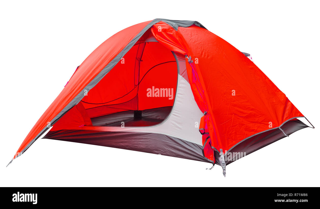 Red open tourist tent isolated on white background Stock Photo - Alamy