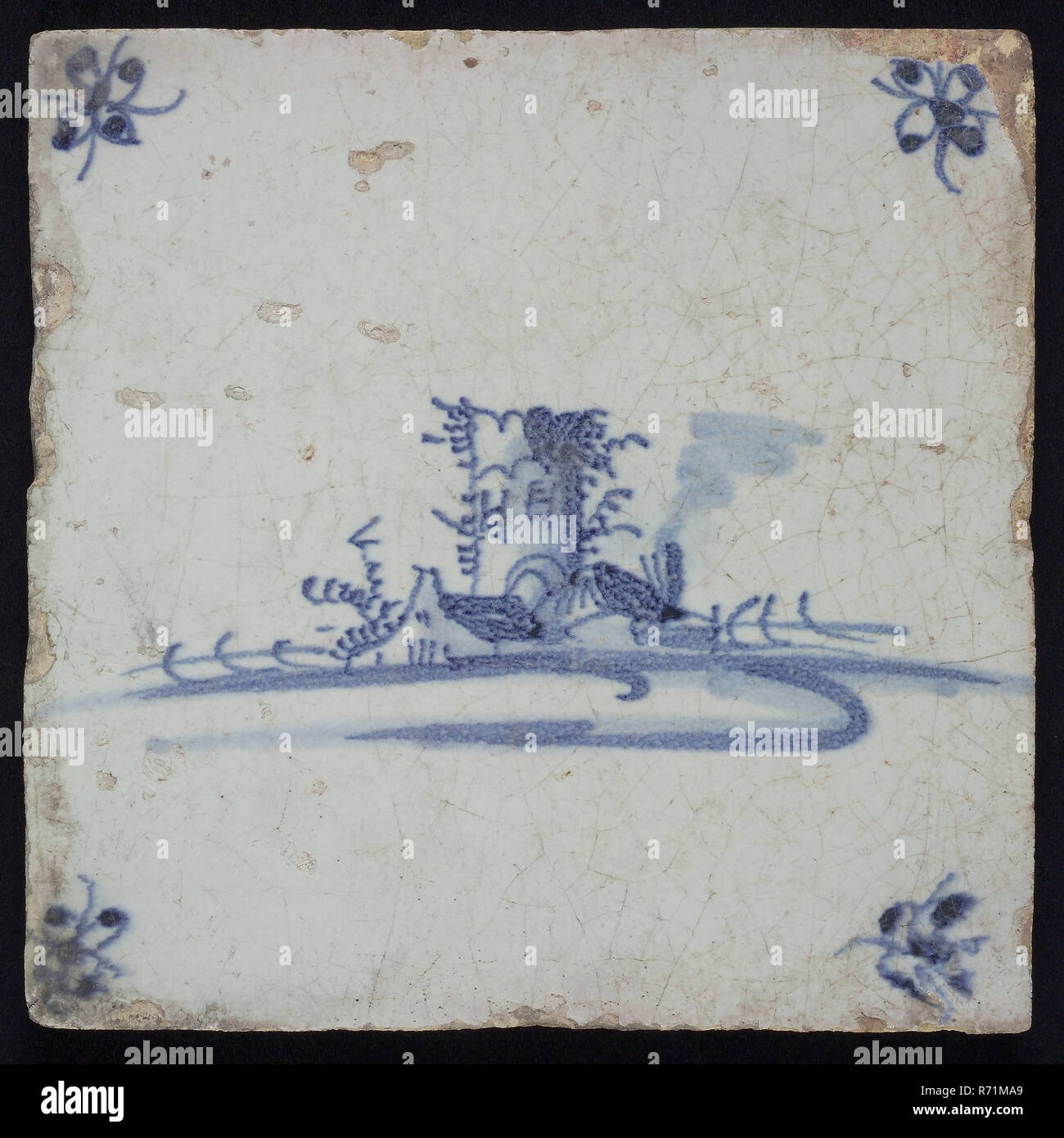 Tile, landscape with ruin or tower, blue decor on white ground, corner ...