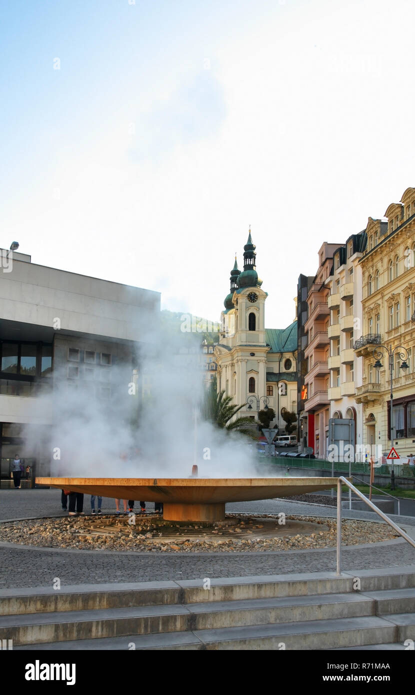 Geyser and hot spring colonnade in Karlovy Vary. Bohemia. Czech ...