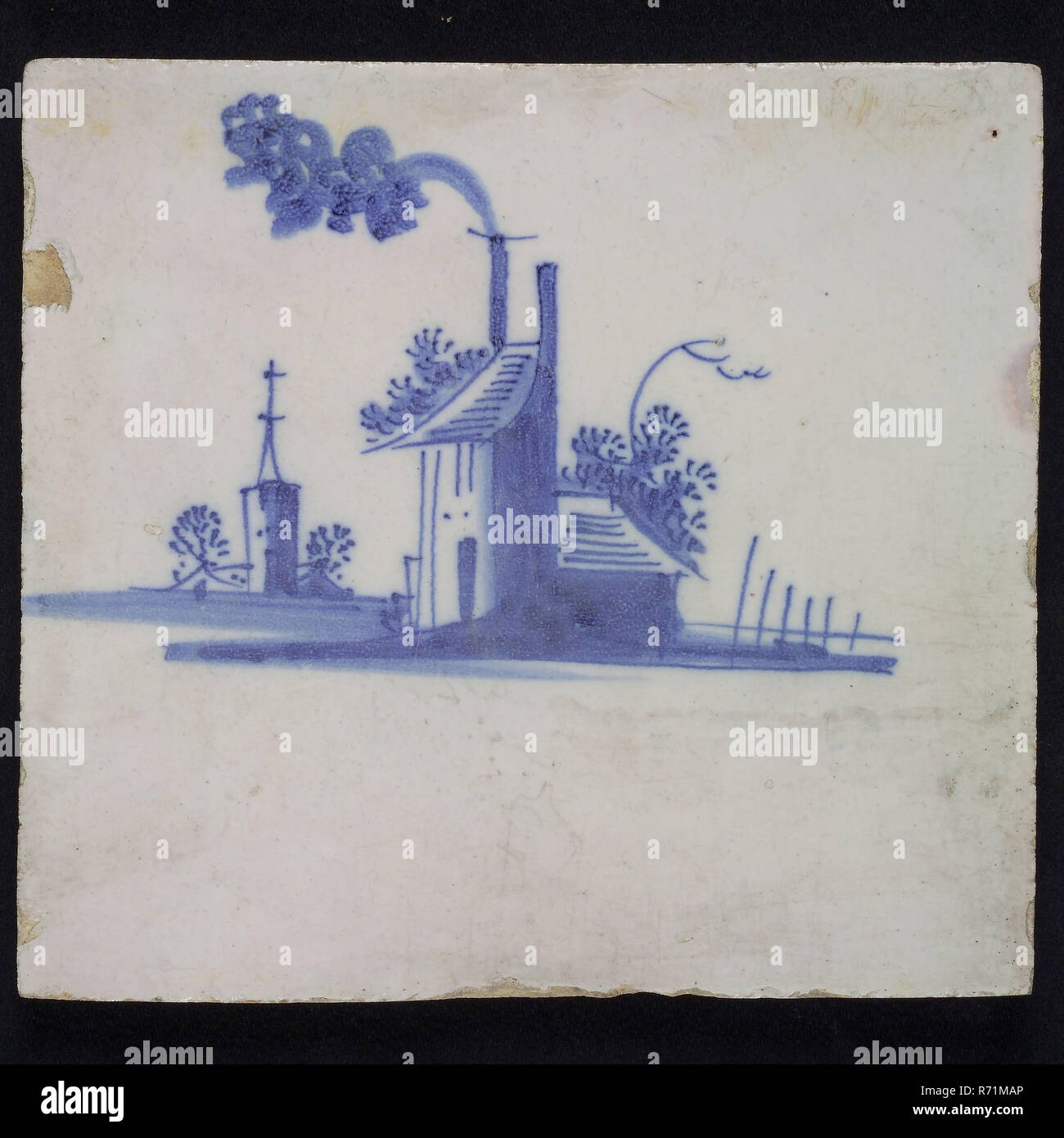 Landscape tile with house and church tower, blue decor on white ground ...