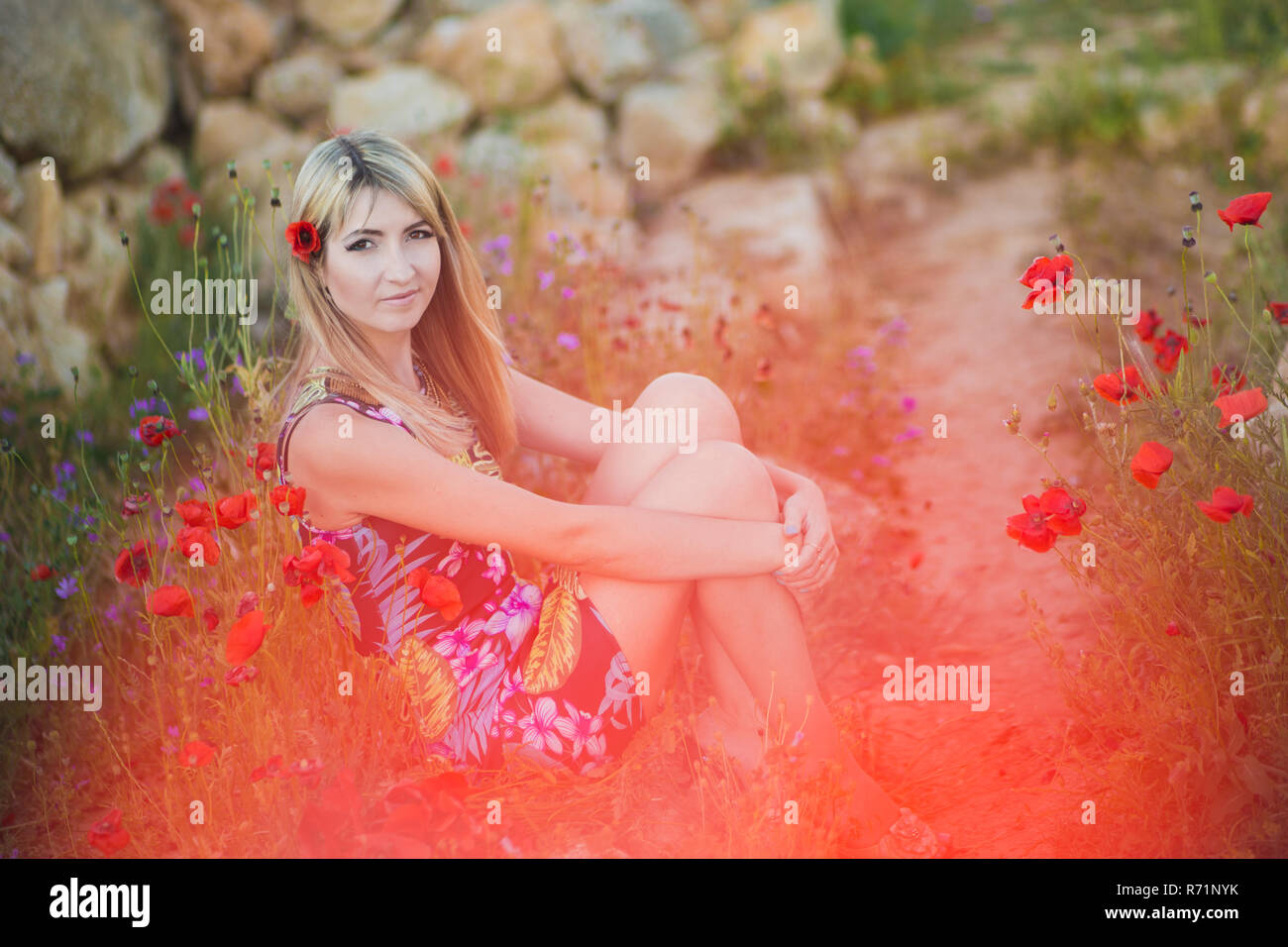 Blond adoreable lady woman wearing stylish summer colourful dress ...