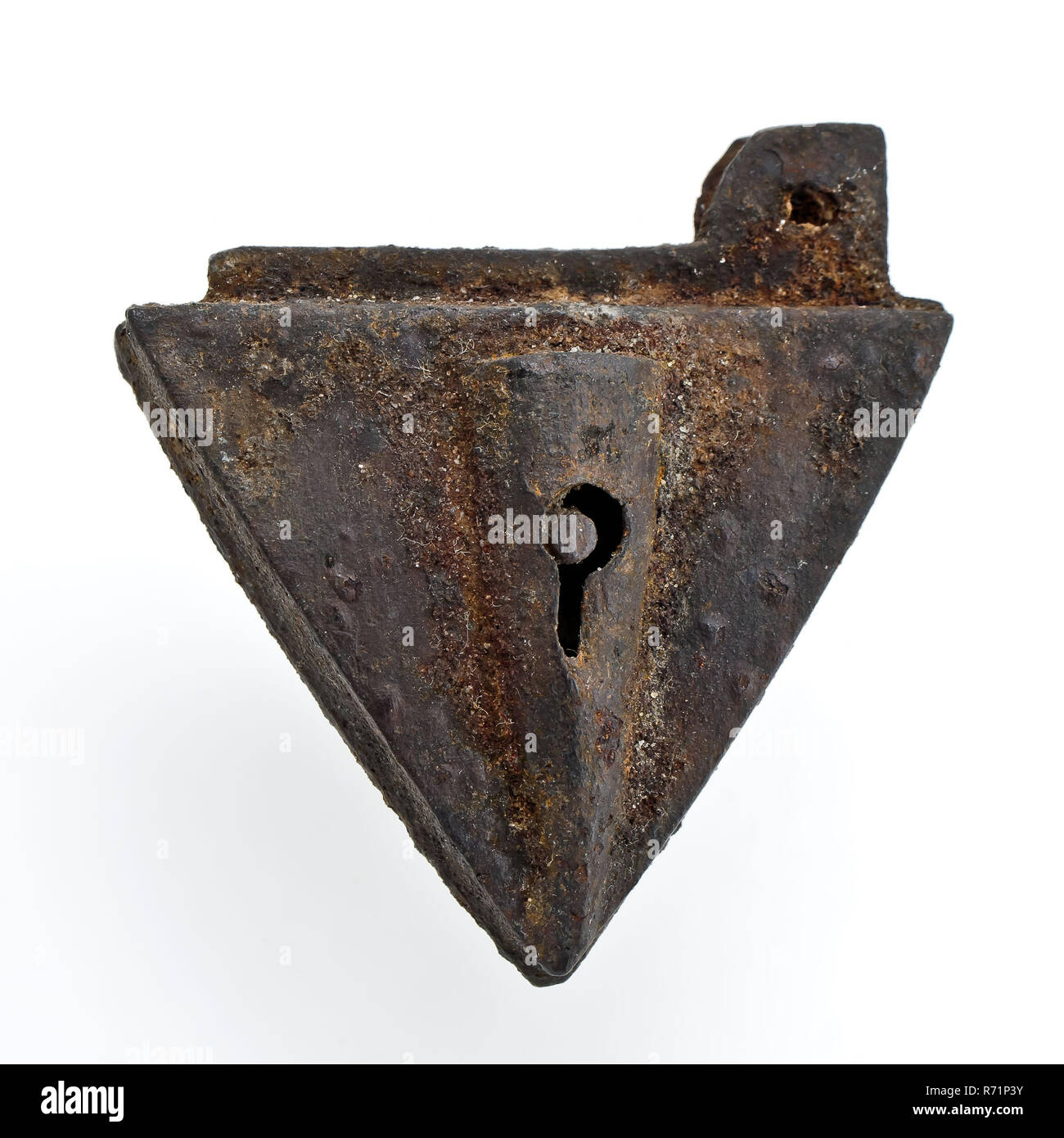 Iron padlock, triangular in shape, padlock lock closing device soil ...