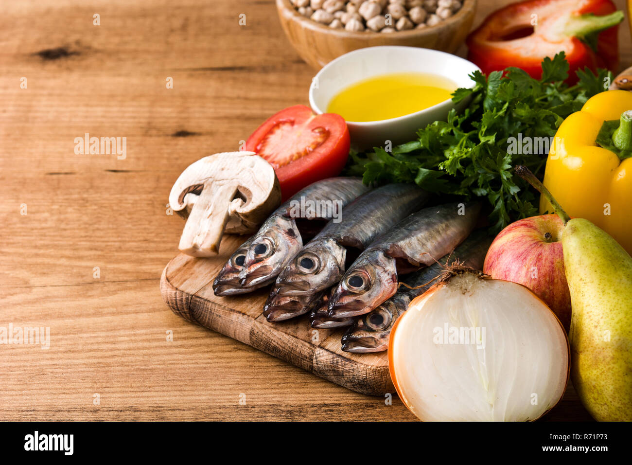 Healthy eating. Mediterranean diet. Fruit,vegetables, grain, nuts olive ...