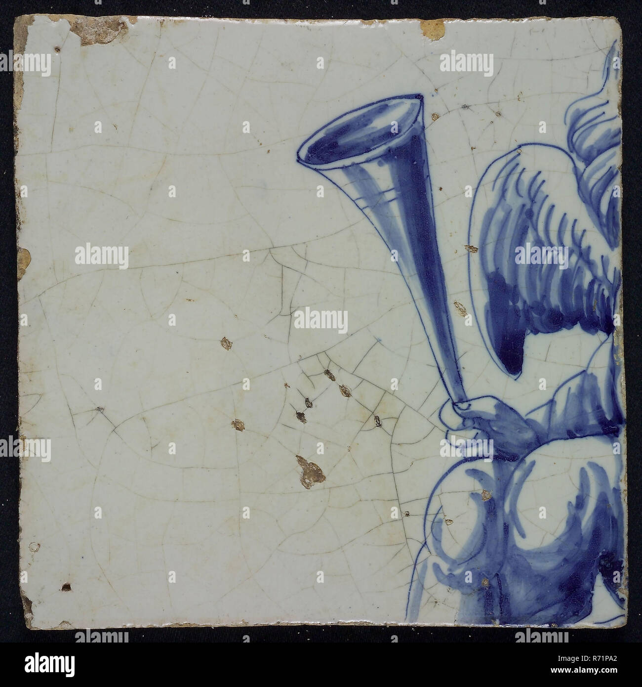 Tile of tableau in blue on white ground with pattern of frontal angels ...