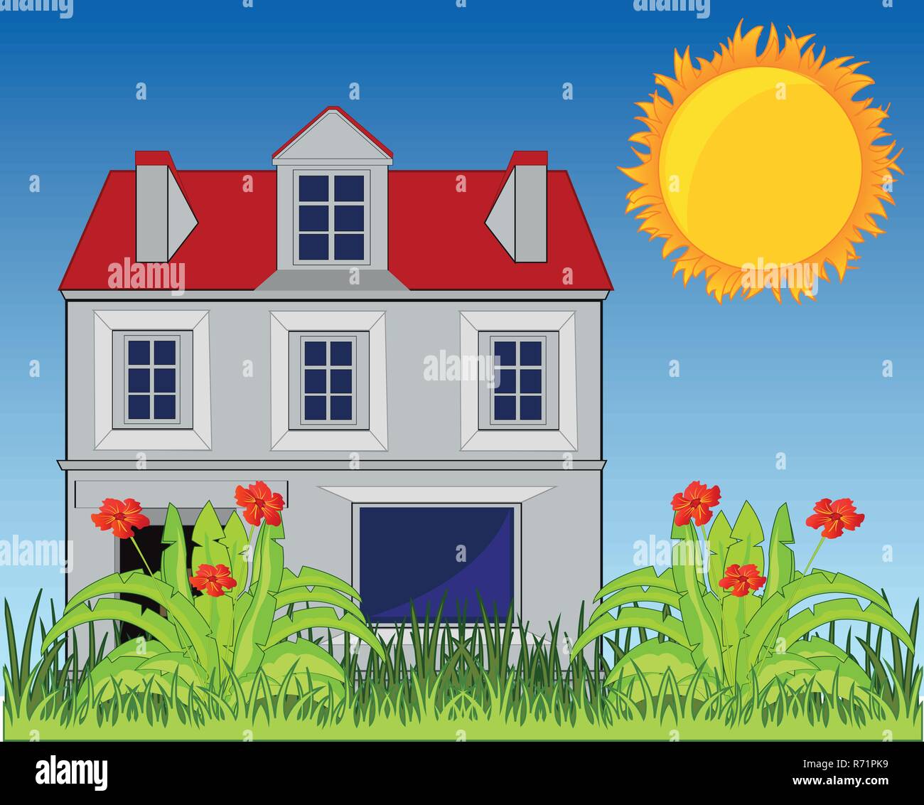 Vector illustration of the building on nature and sun Stock Vector ...