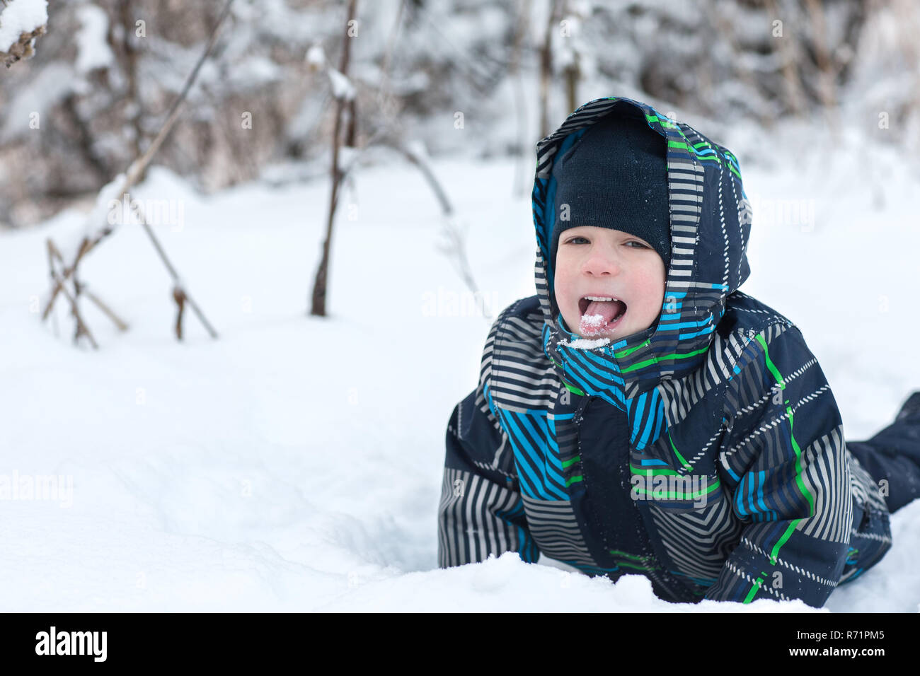 Boy in woods winter snow hi-res stock photography and images - Alamy