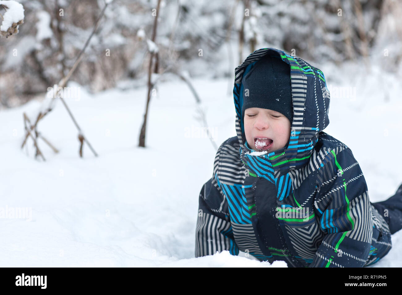 Boy in woods winter snow hi-res stock photography and images - Alamy
