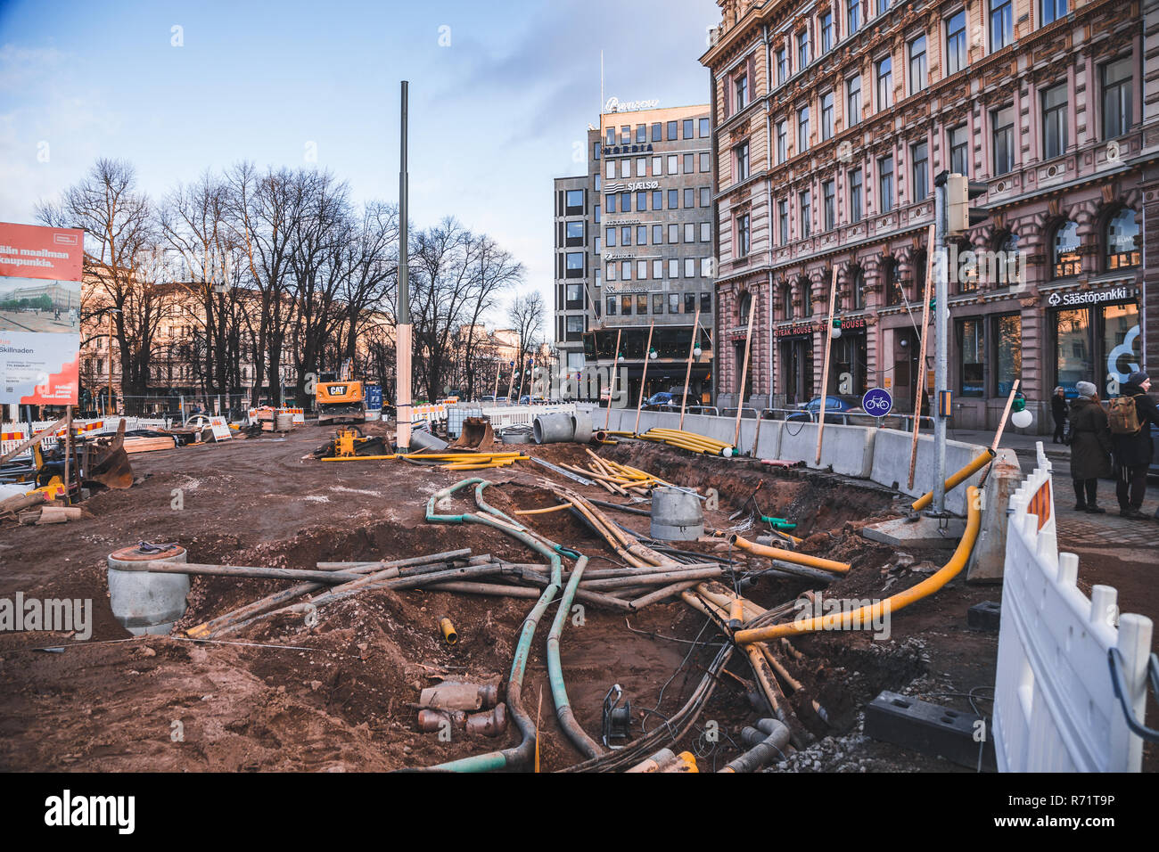 Editorial 11.17.2018 Helsinki Finland construction work with pipes been ...
