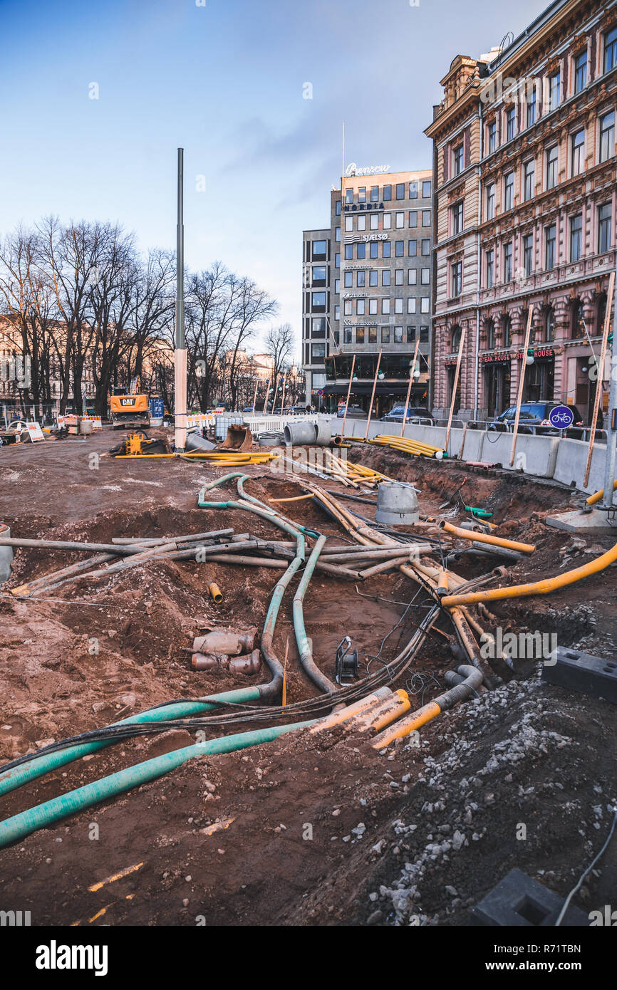 Editorial 11.17.2018 Helsinki Finland construction work with pipes been ...
