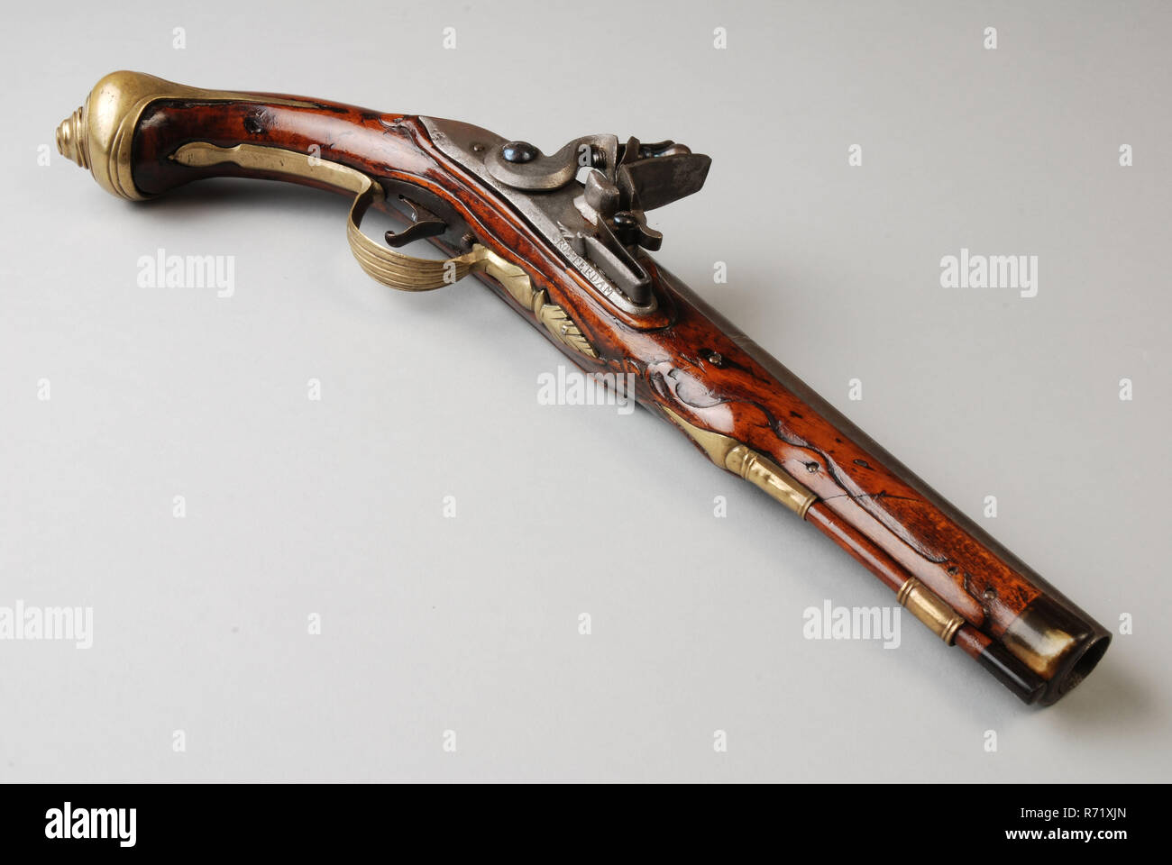 Flint gun with copper fittings, marked with three crowns above each ...
