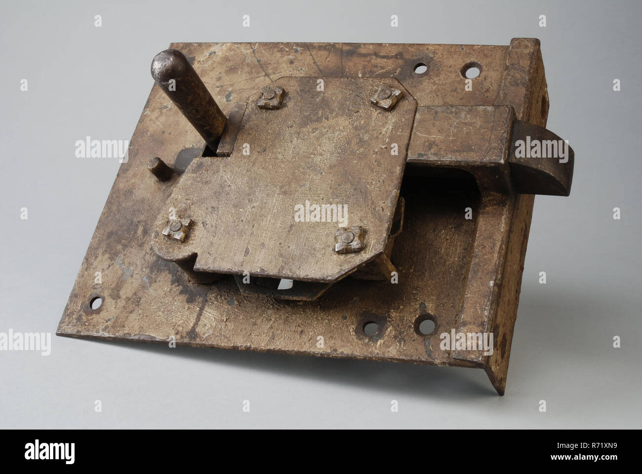 Iron fender lock with rectangular lock plate, one bolt and one curl ...