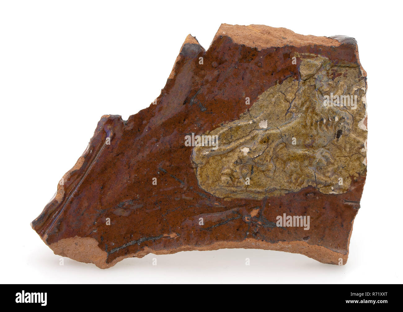 Fragment of earthenware fire dome with lion in relief, firecock ...